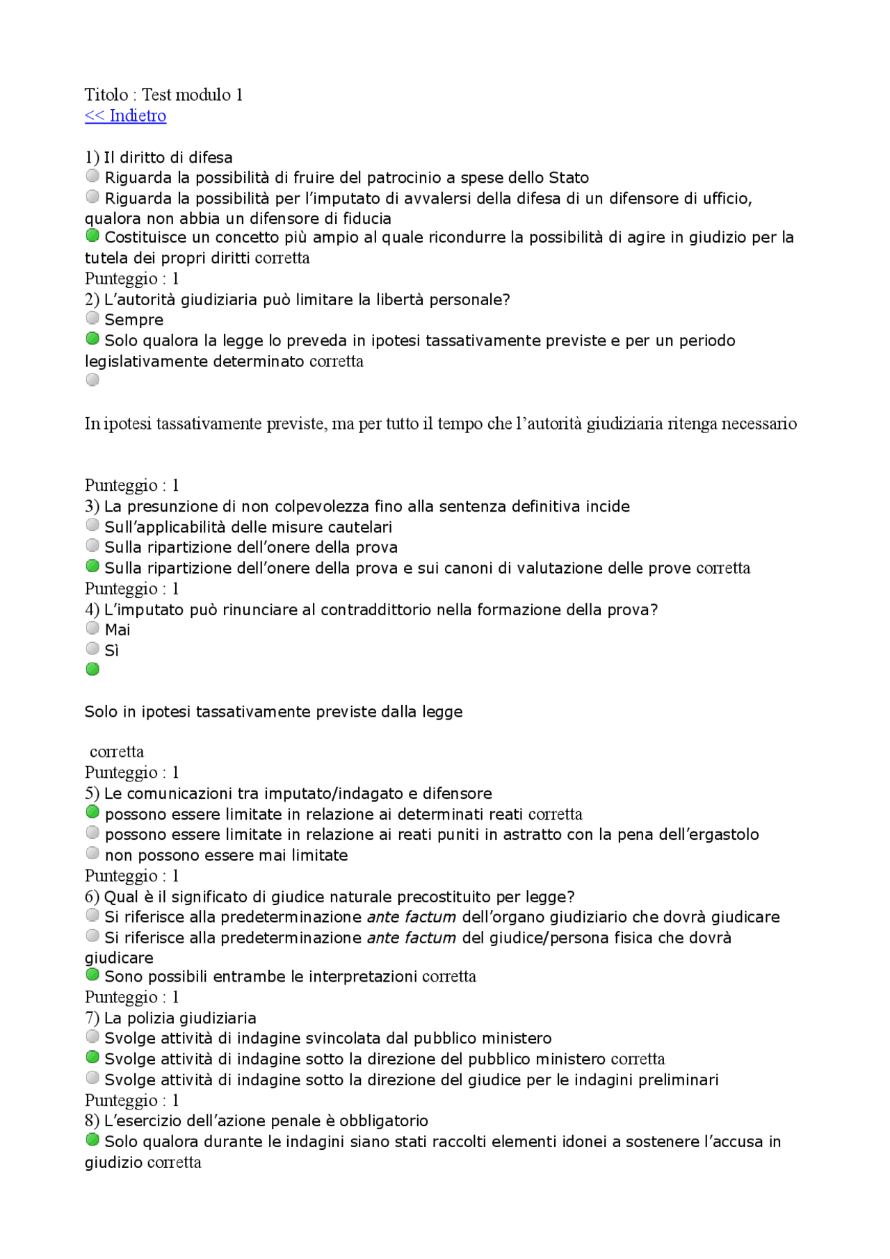 Diritto Processuale Penale Test Svolti Unicusano Docsity