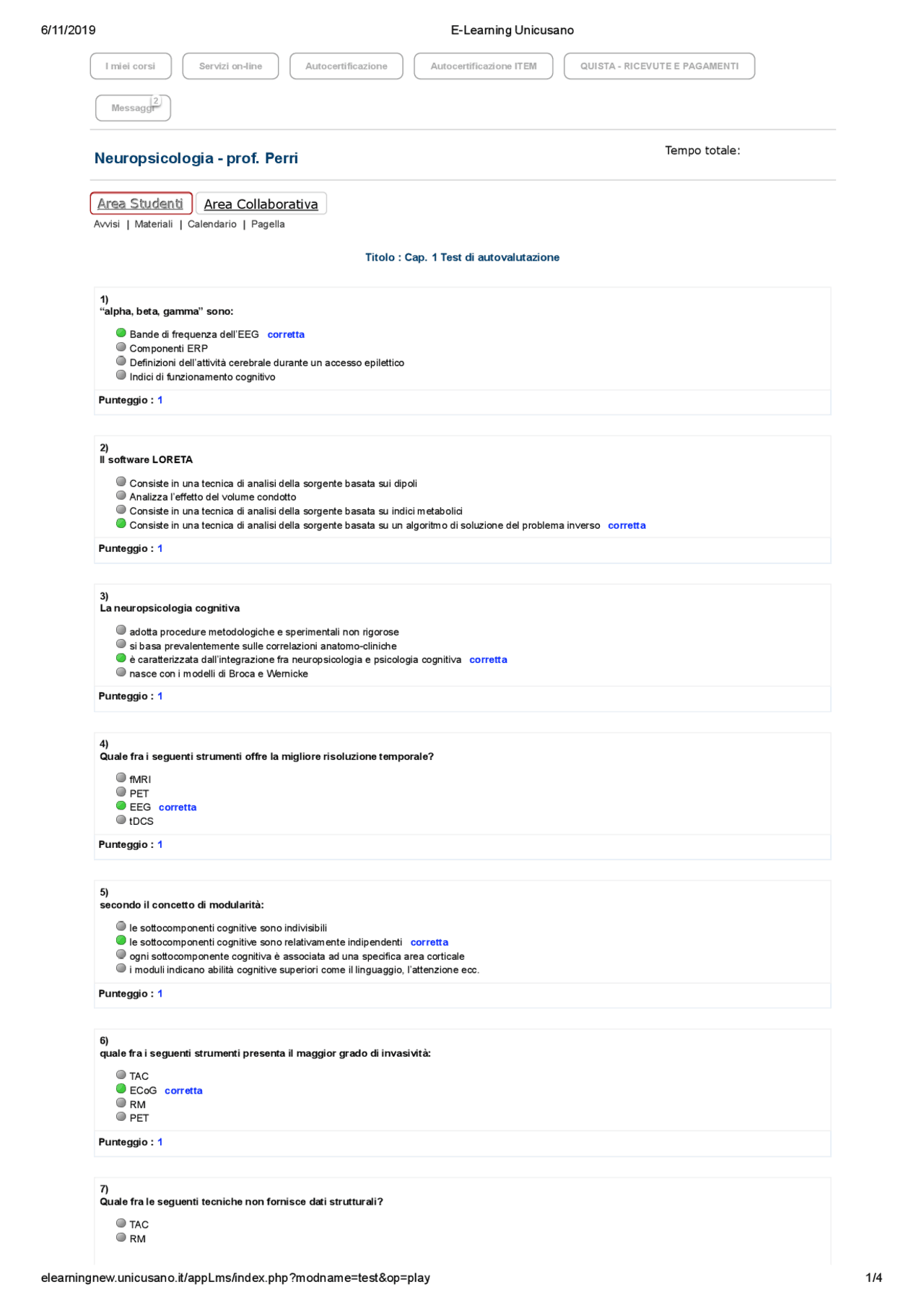 Test Neuropsicologia Unicusano Docsity
