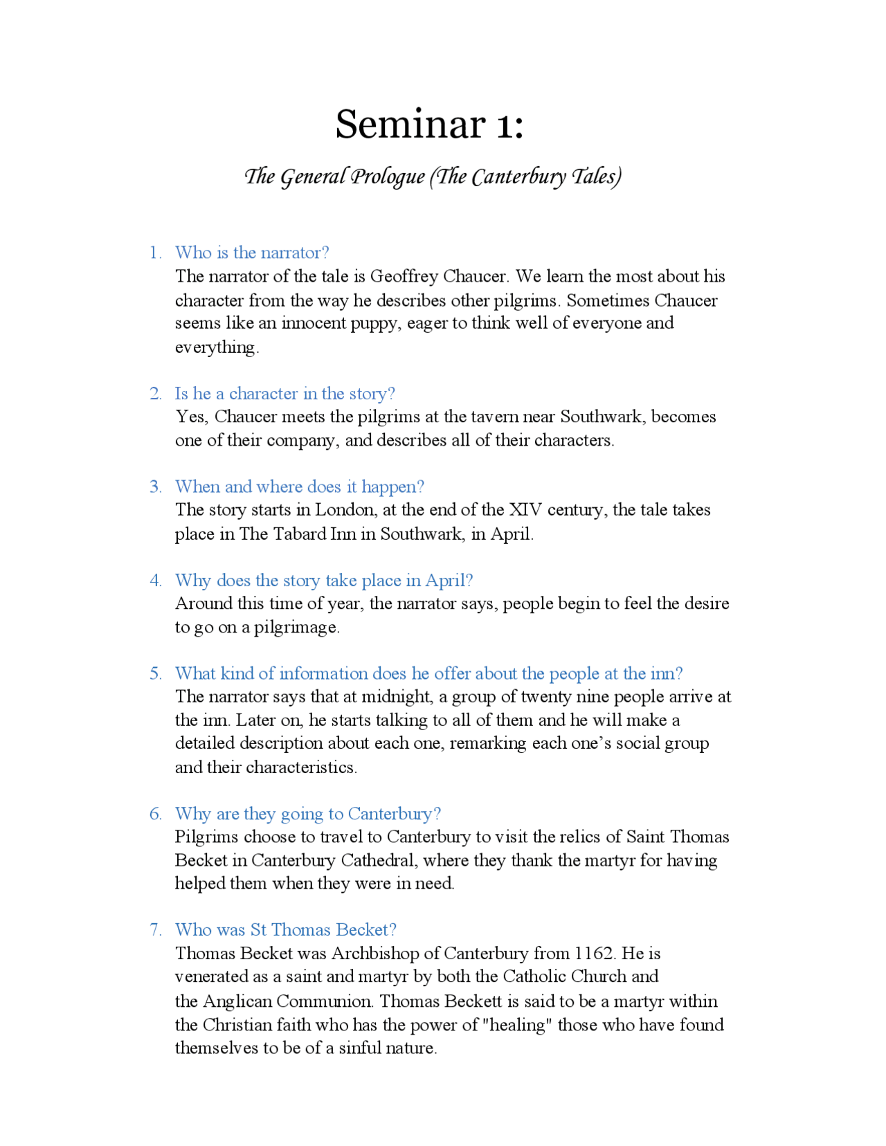 Seminar 1: The general prologue - Docsity