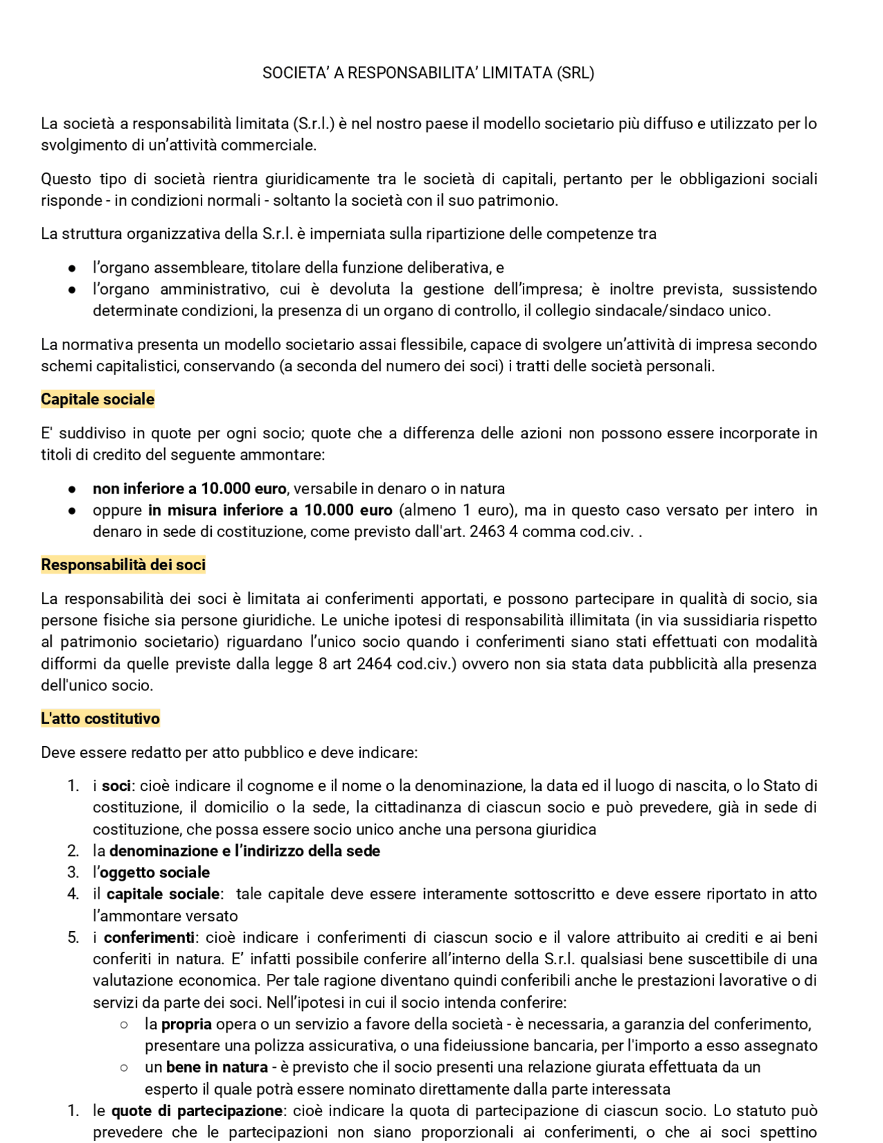 Società Responsabilità Limitata Riassunto Docsity