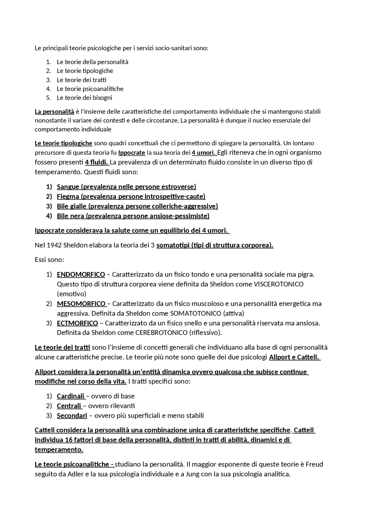 Principali Teorie Psicologiche Versione Sintetizzata Docsity