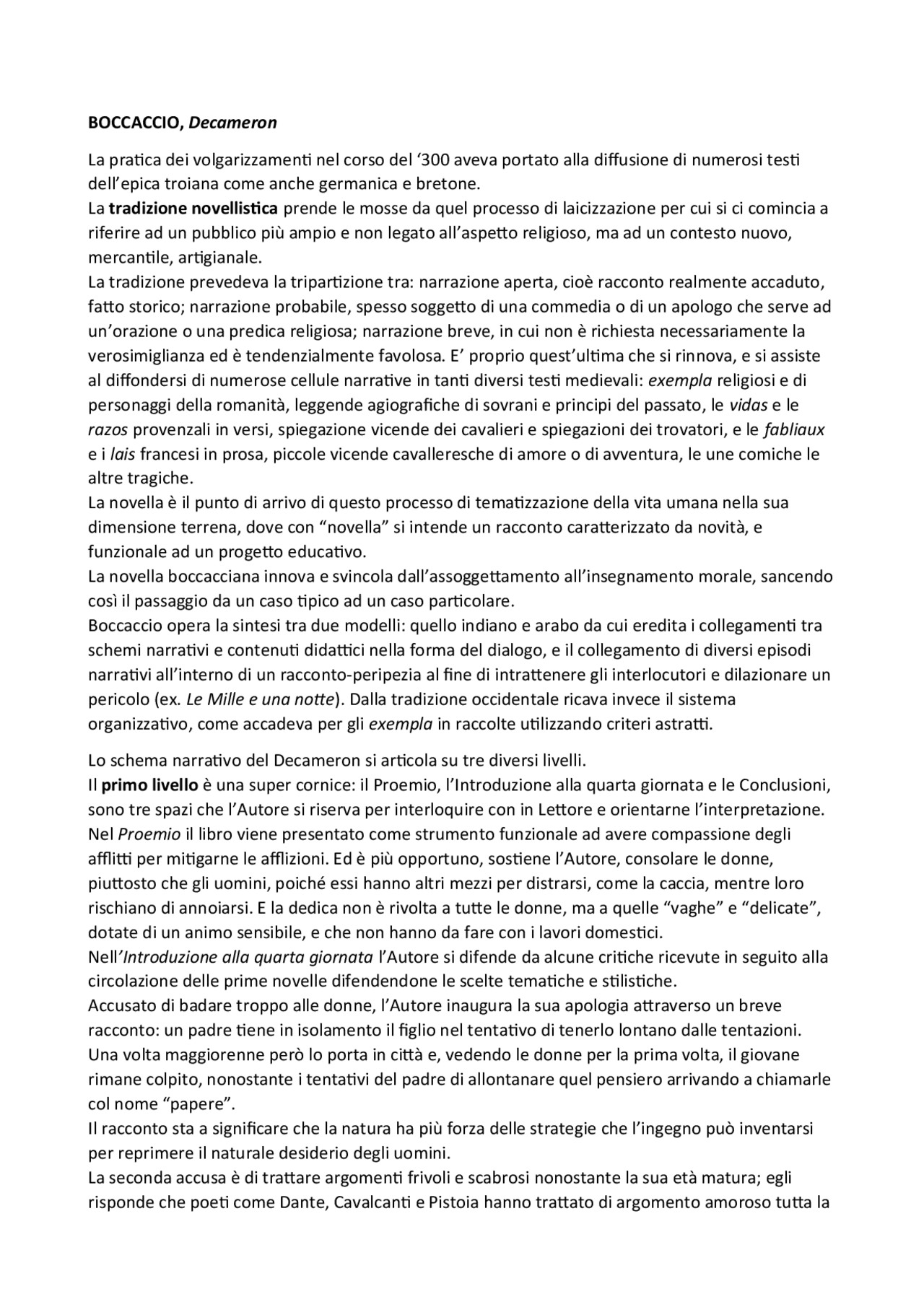 Boccaccio, Decameron: struttura e temi - Docsity
