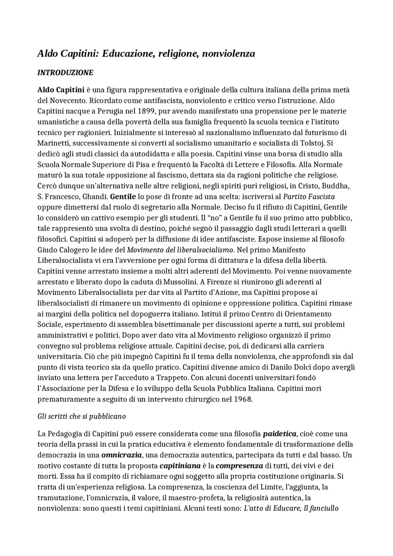 Capitini Educazione Religione Nonviolenza Docsity
