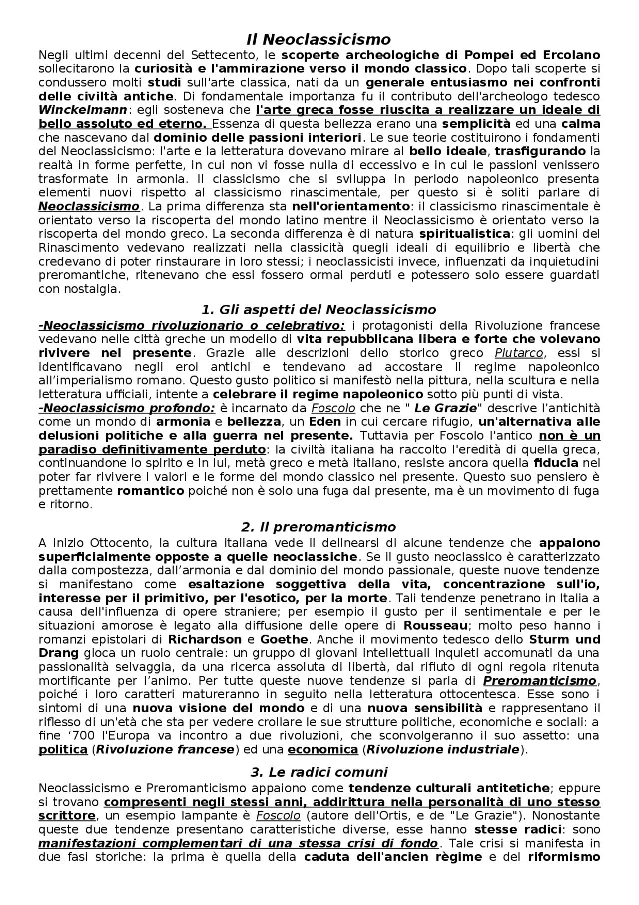 Sintesi Neoclassicismo E Preromanticismo Docsity