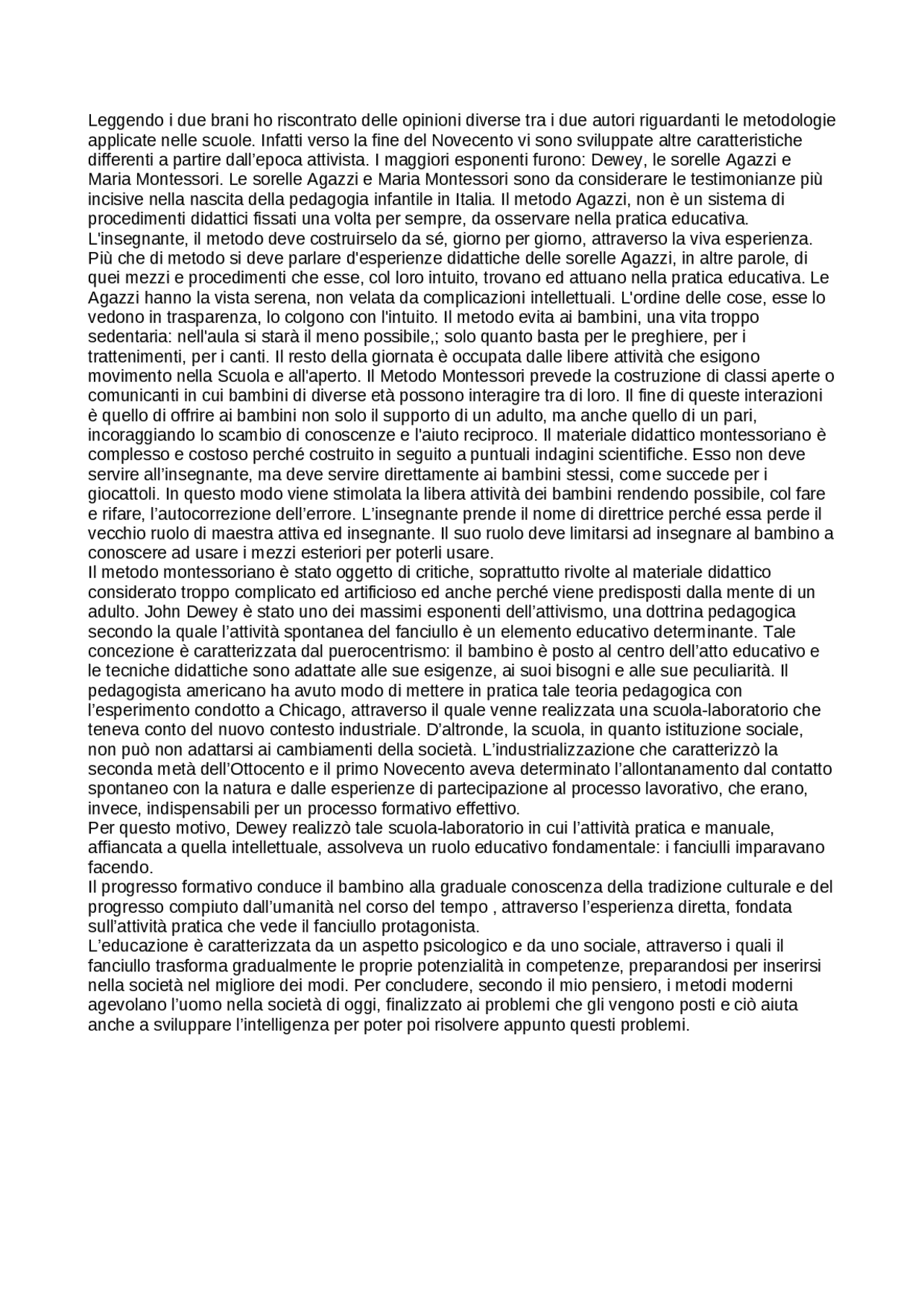 Agazzi Montessori Dewey Docsity