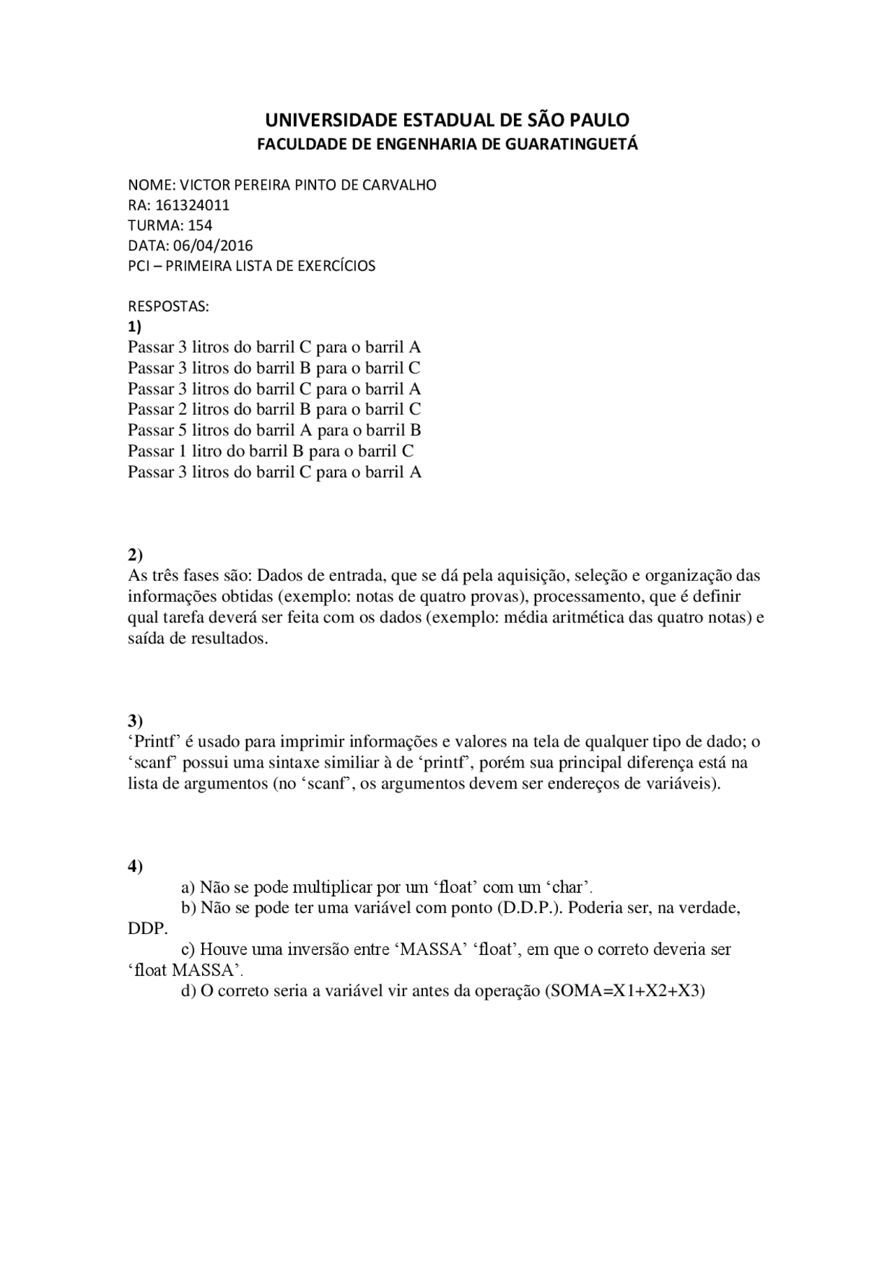 Resolução Da Lista 1 De Pc1 Exercícios Programação Em C Docsity