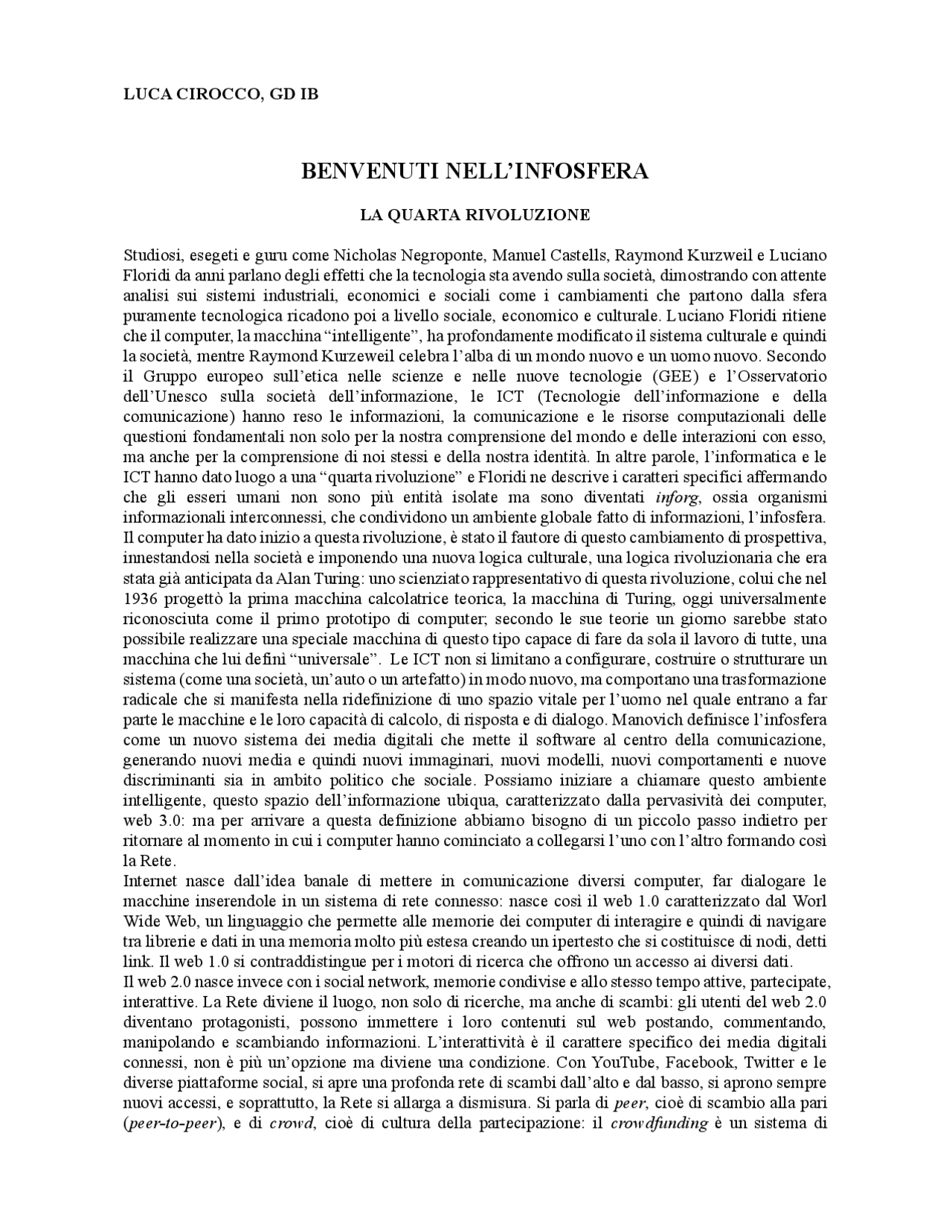 Infosfera La Quarta Rivoluzione Docsity