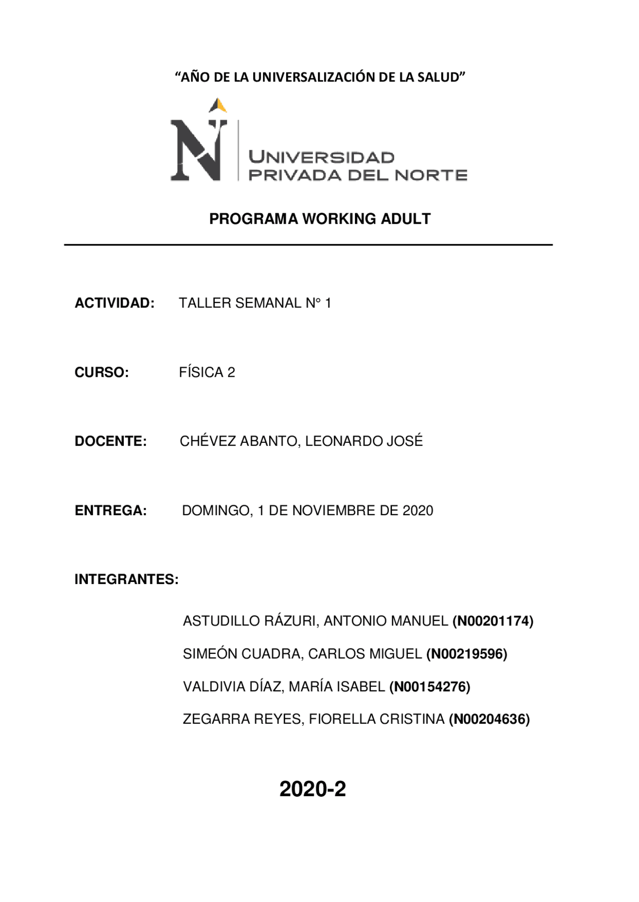 Taller Semanal N° 1 Upn Física 2 Docsity