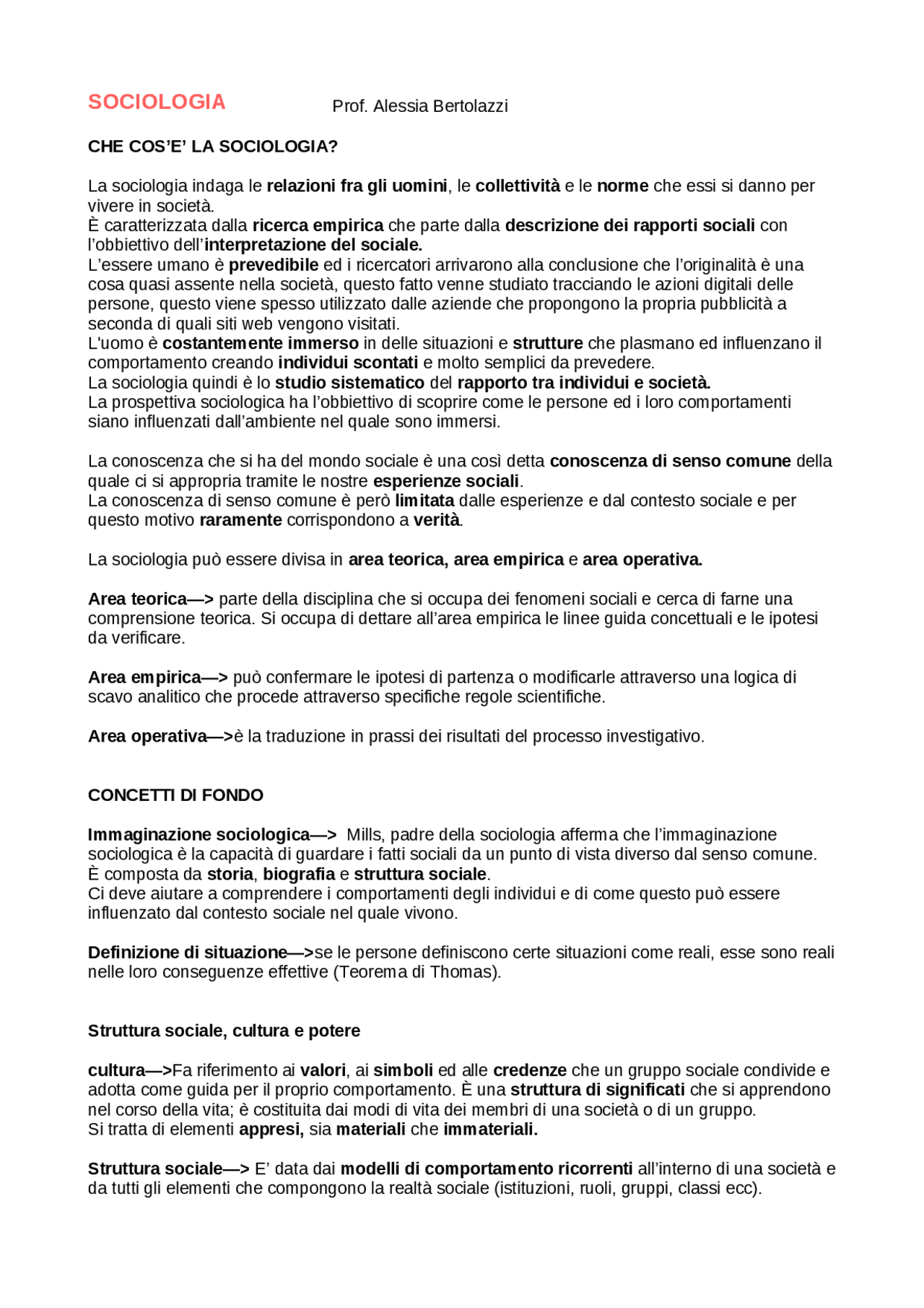 Appunti Sociologia Profssa Bertolazzi Docsity