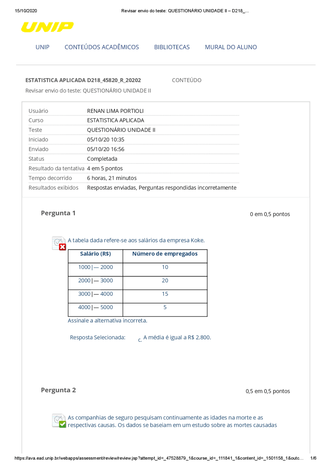 Questionario Unidade 2 Estastitica Aplicada Docsity