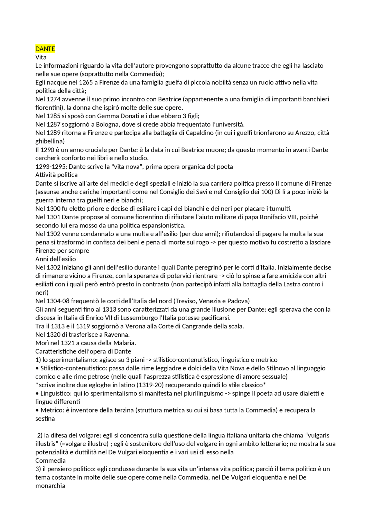Dante E La Sua Vita E Opere Docsity