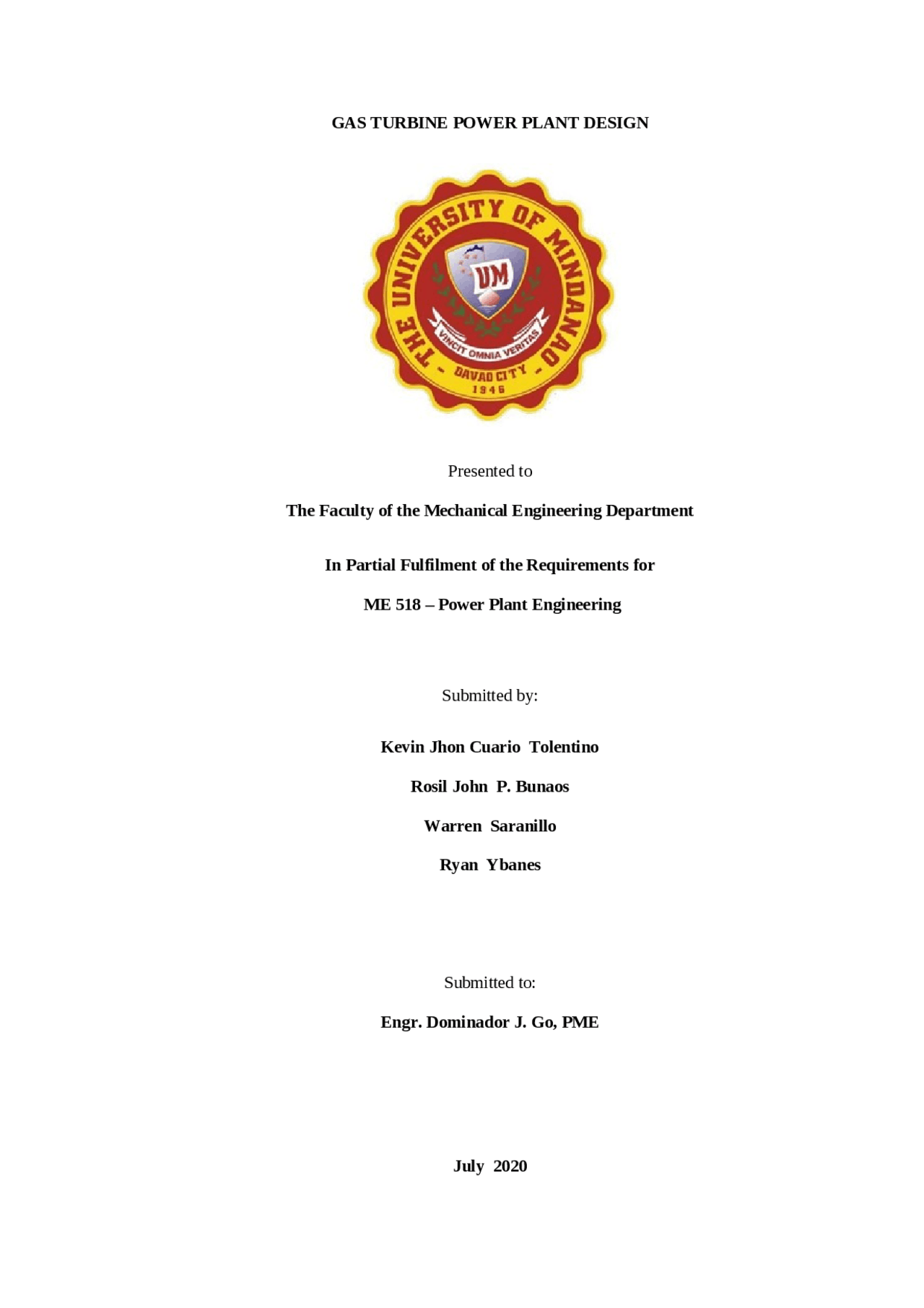 Gas Turbine Sample Design Docsity