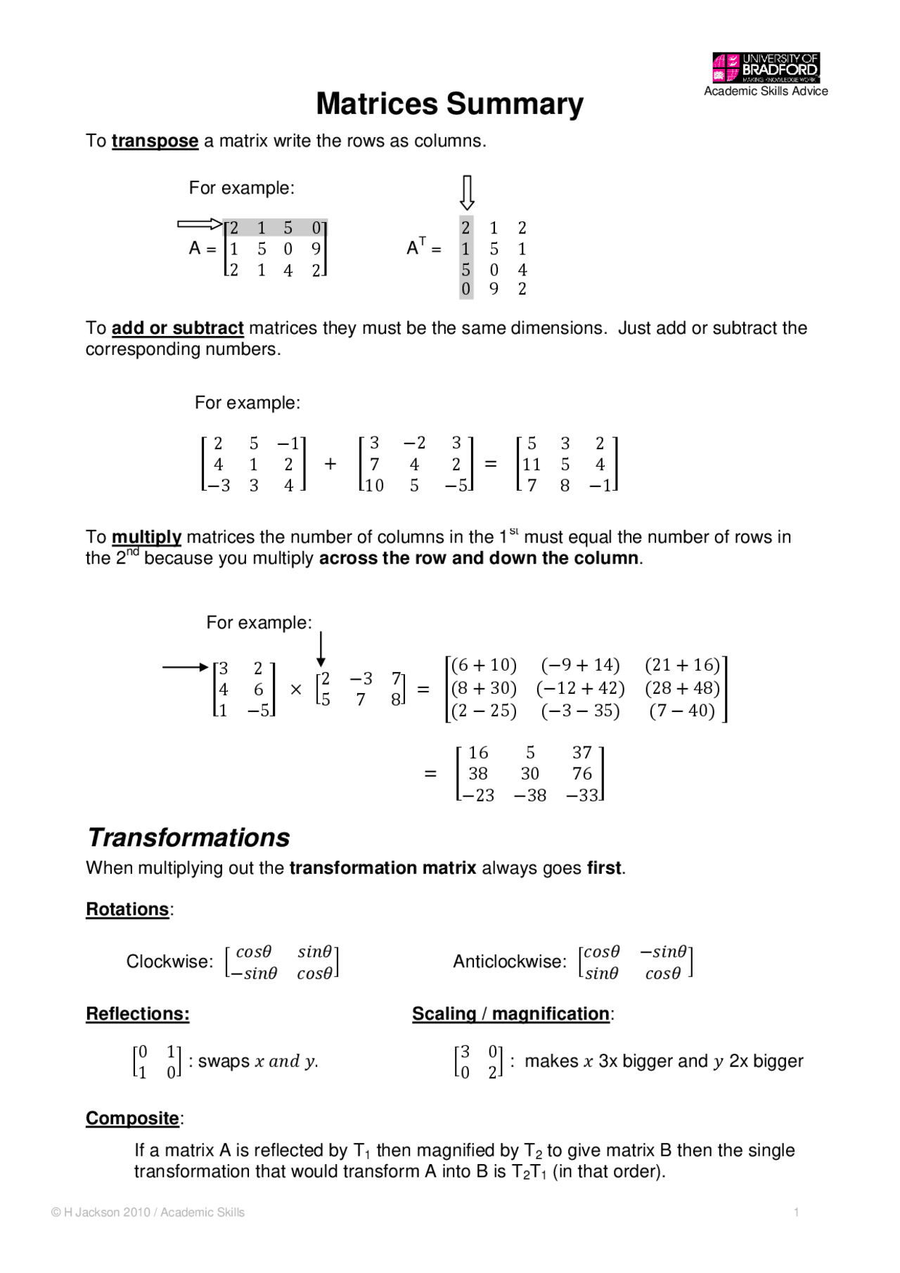 Matrices operations,inversor of a matrix - Docsity
