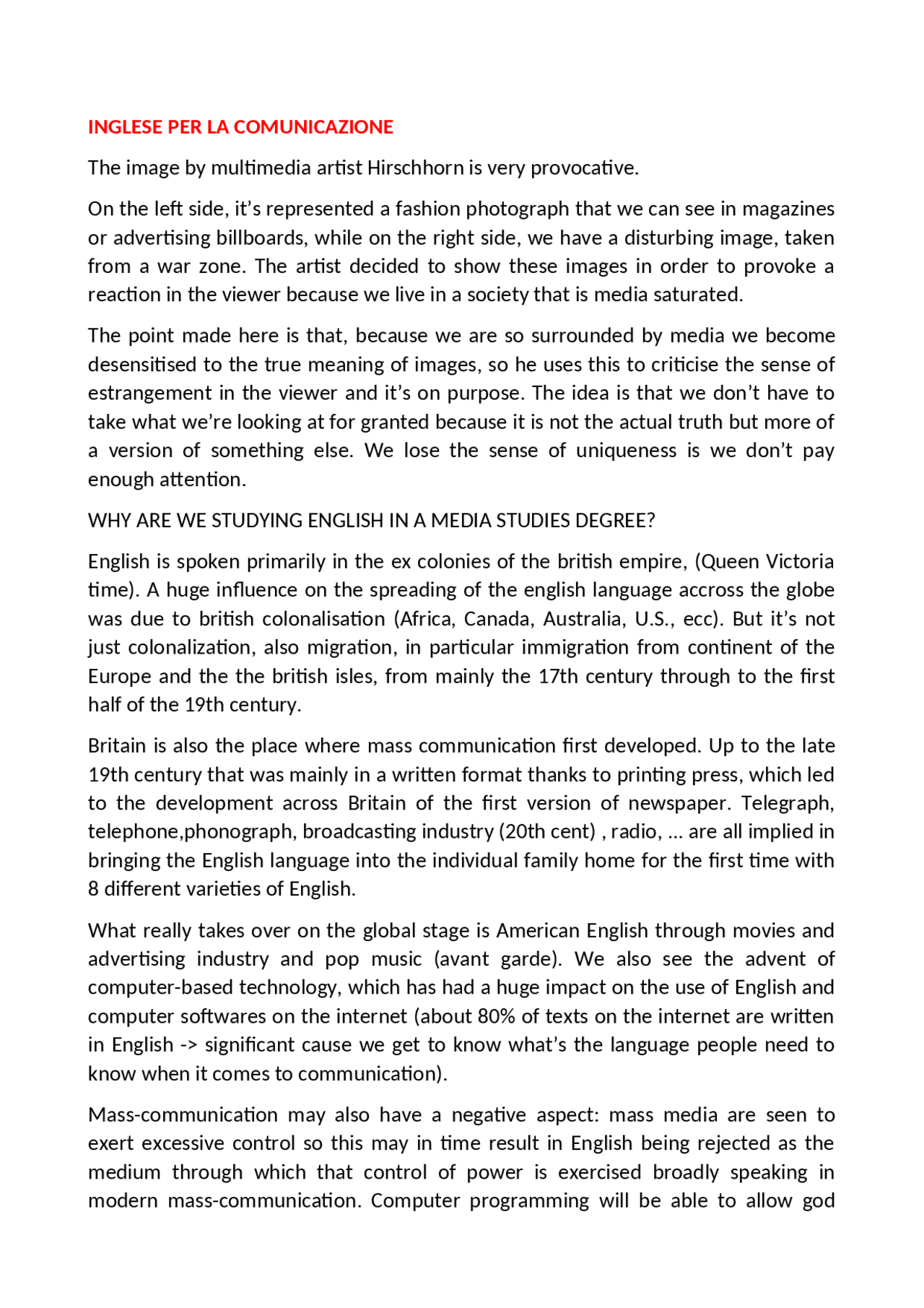 Inglese Per La Comunicazione Docsity
