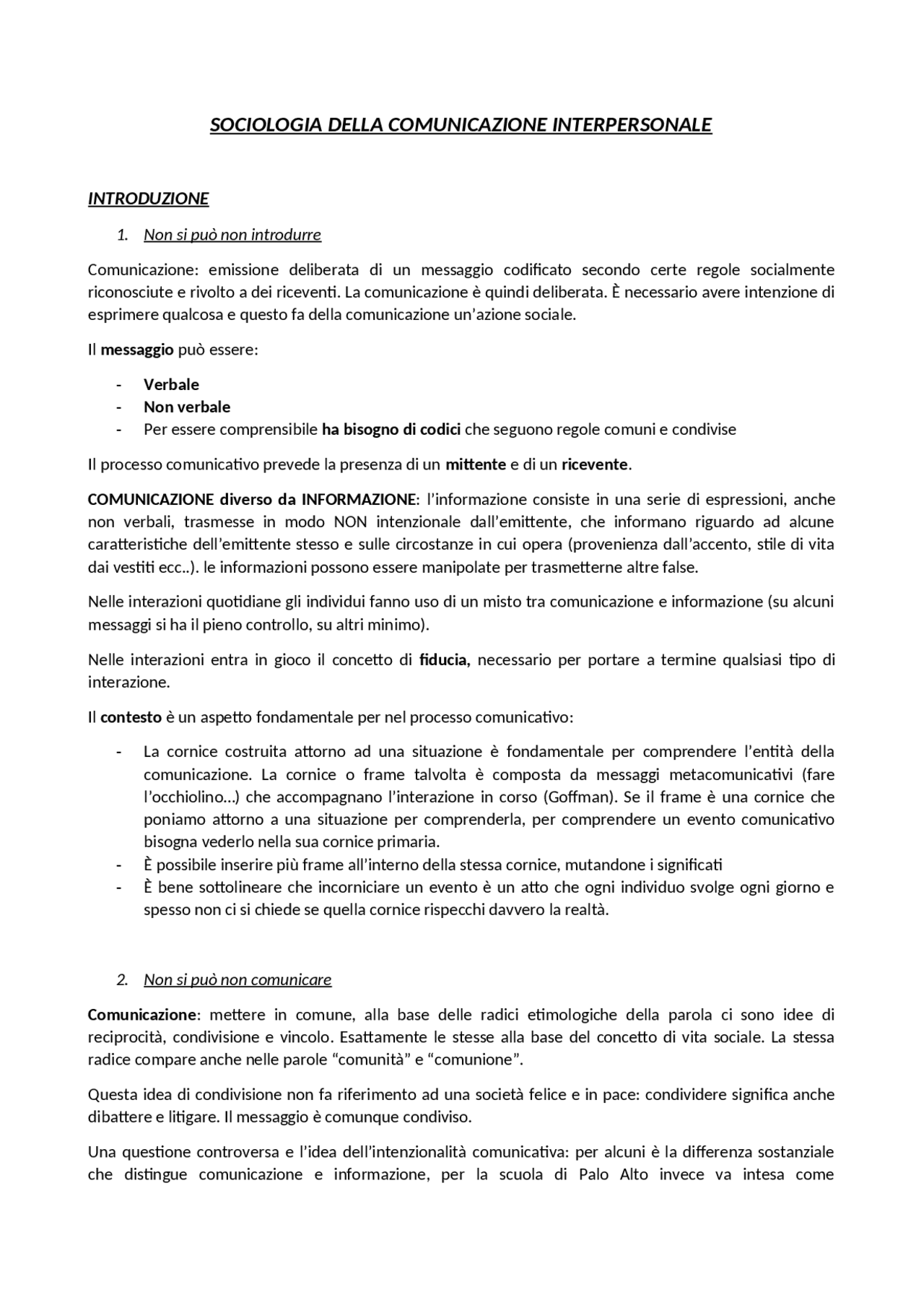 Sociologia Della Comunicazione Interpersonale Docsity