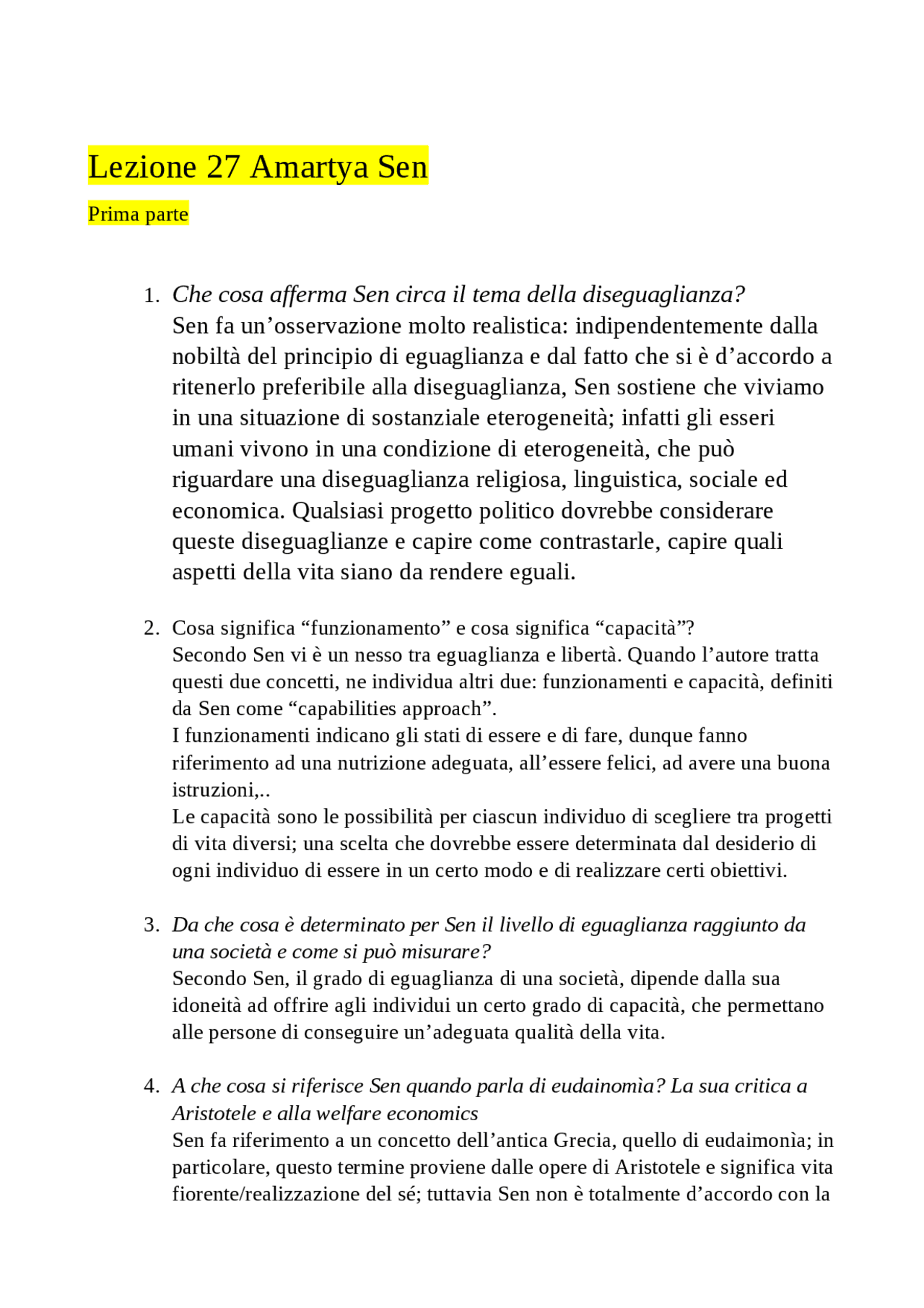 Amartya Sen Domande E Risposte Corrette Docsity