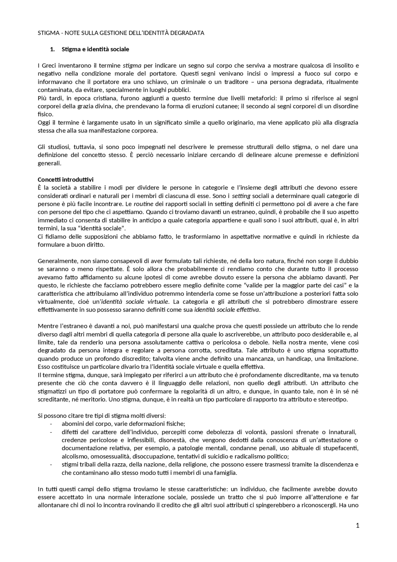 Stigma Note Sulla Gestione Dellidentità Degradata Docsity