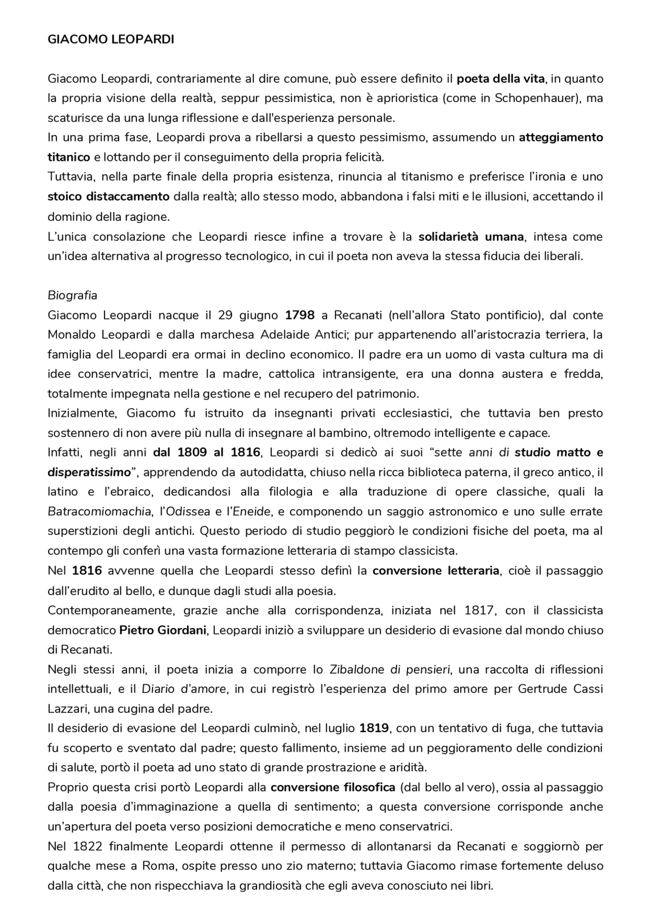 Giacomo Leopardi e il pessimismo. - Docsity