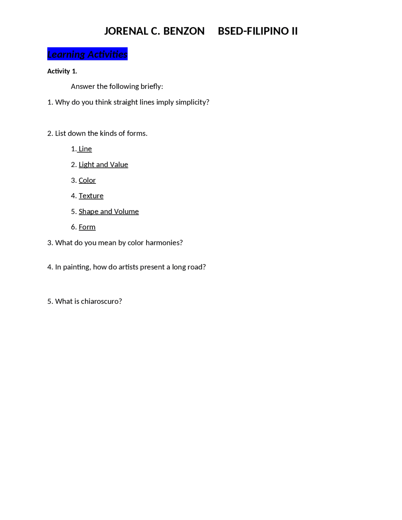Arts Appreciation Test Exercises Art Docsity