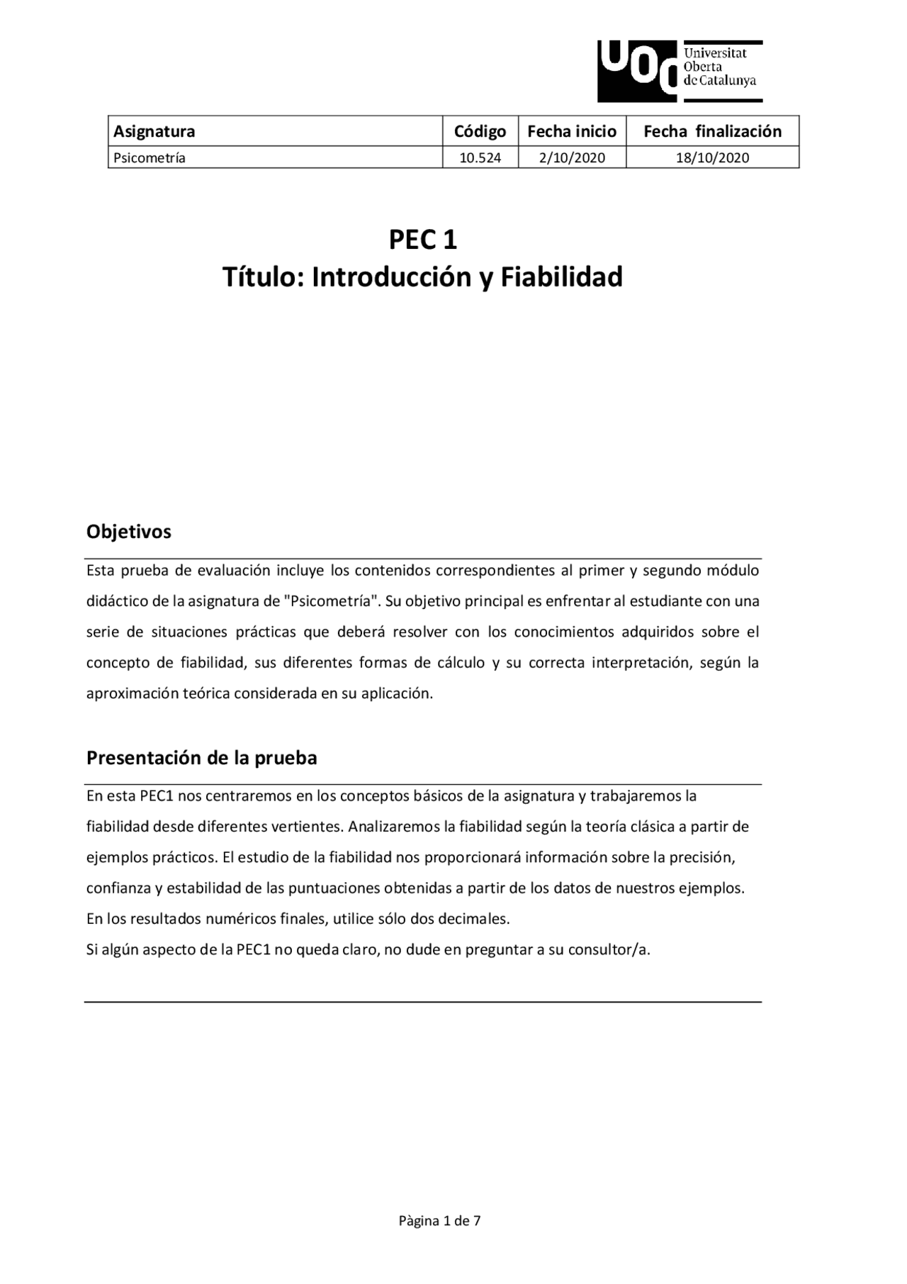 Enunciado PEC1 Pscicometria 20-21 | Ejercicios de Psicometría | Docsity
