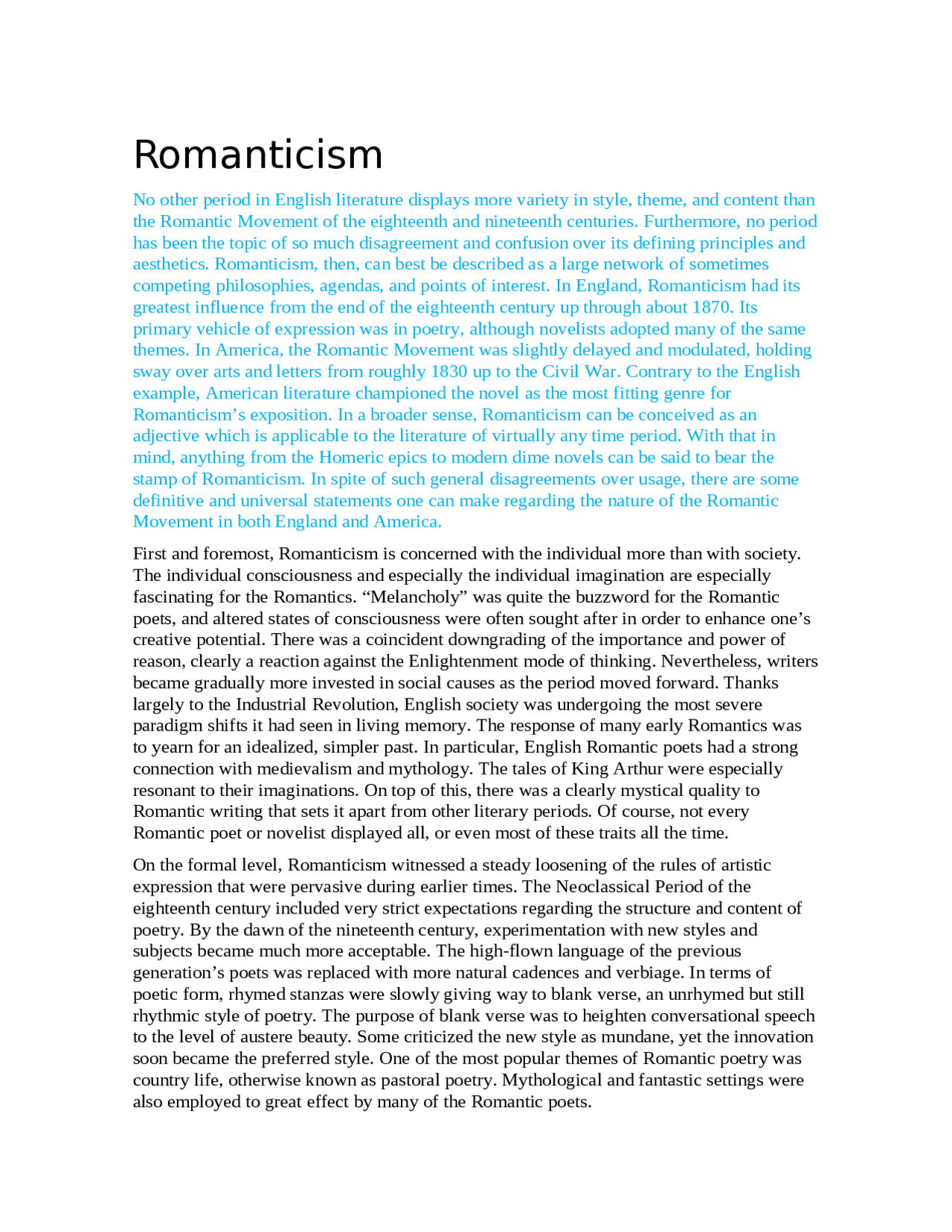 Romanticism in English - Docsity