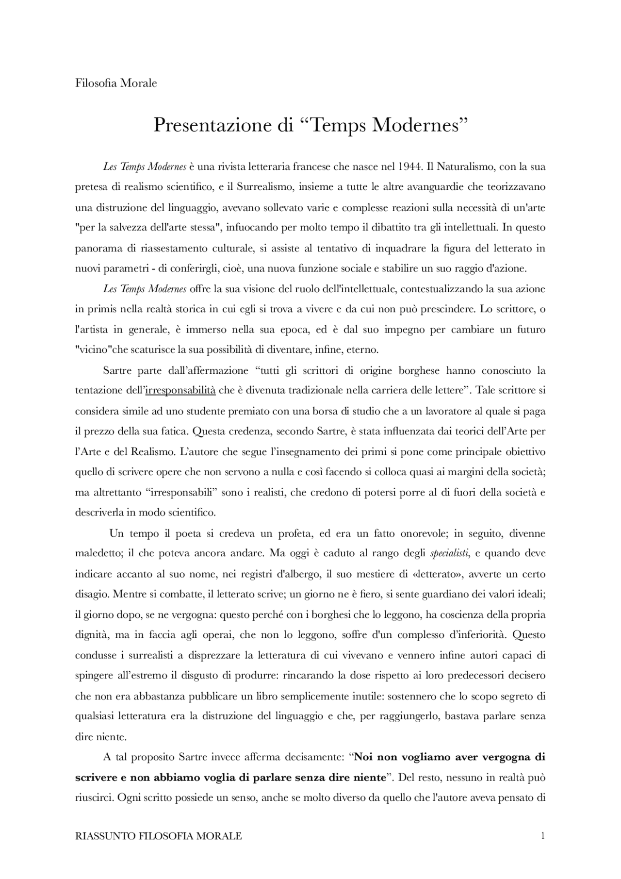 Riassunto Della Presentazione Di Tempi Moderni Sartre Docsity