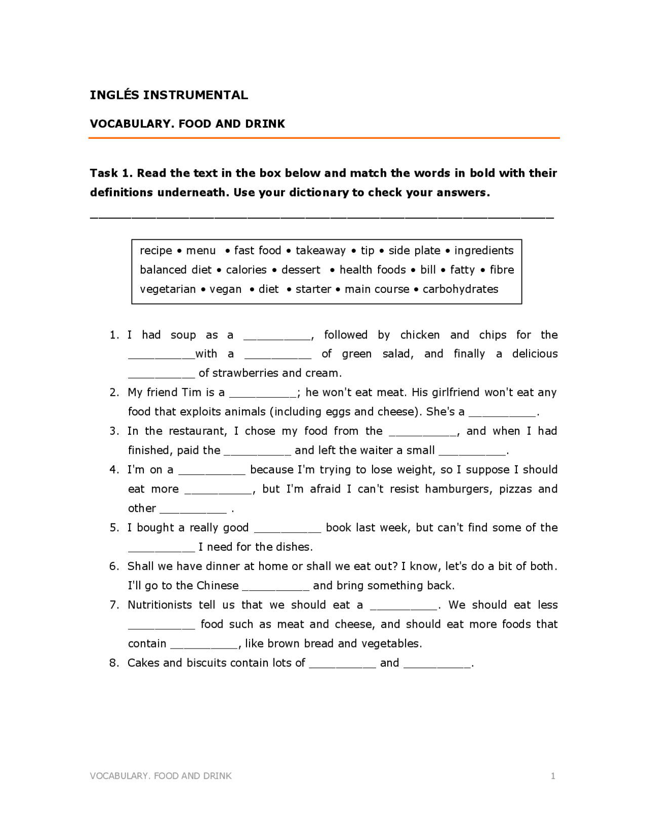 VOCABULARIO COMIDA INGLÉS | Ejercicios de Inglés | Docsity