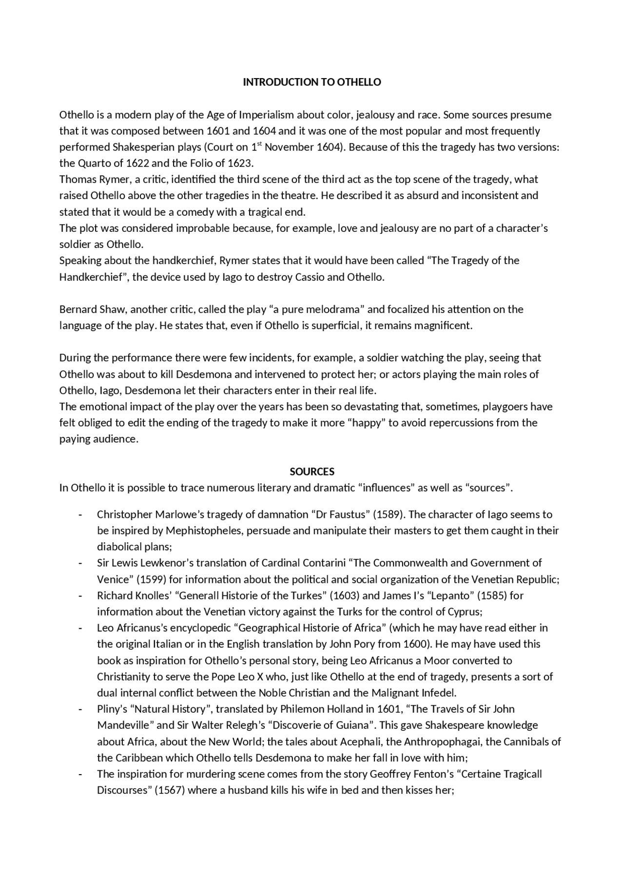 Analisi Approfondita Del Libro Othello Di Shakespeare Docsity