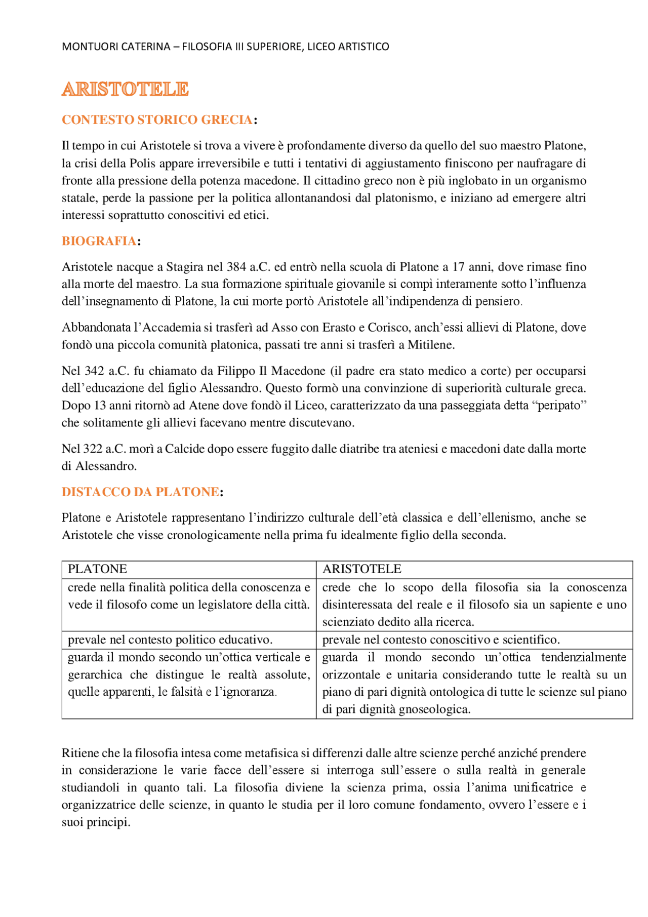 Aristotele Riassunto Iii Superiore Docsity