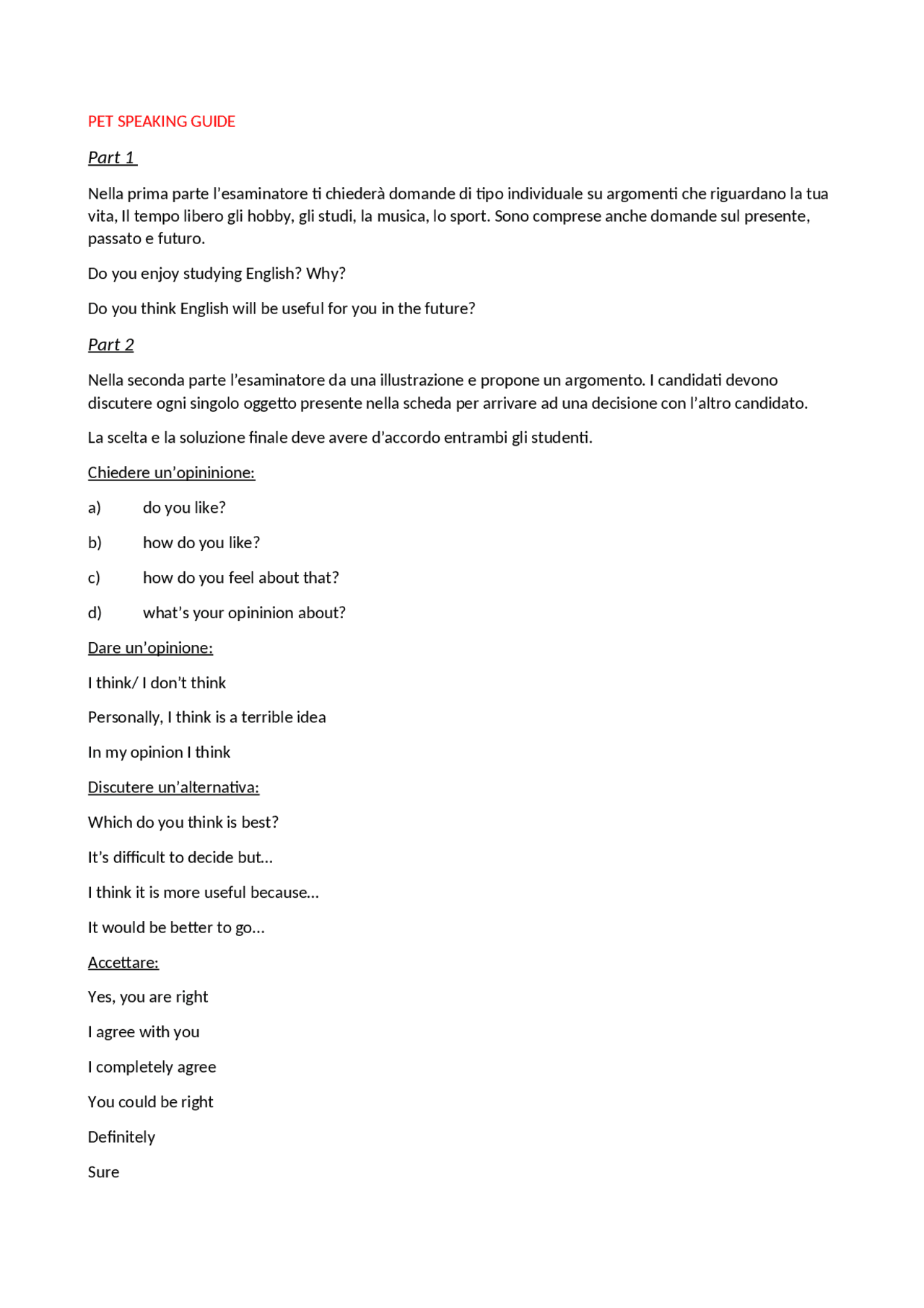 Pet speaking guide inglese - Docsity