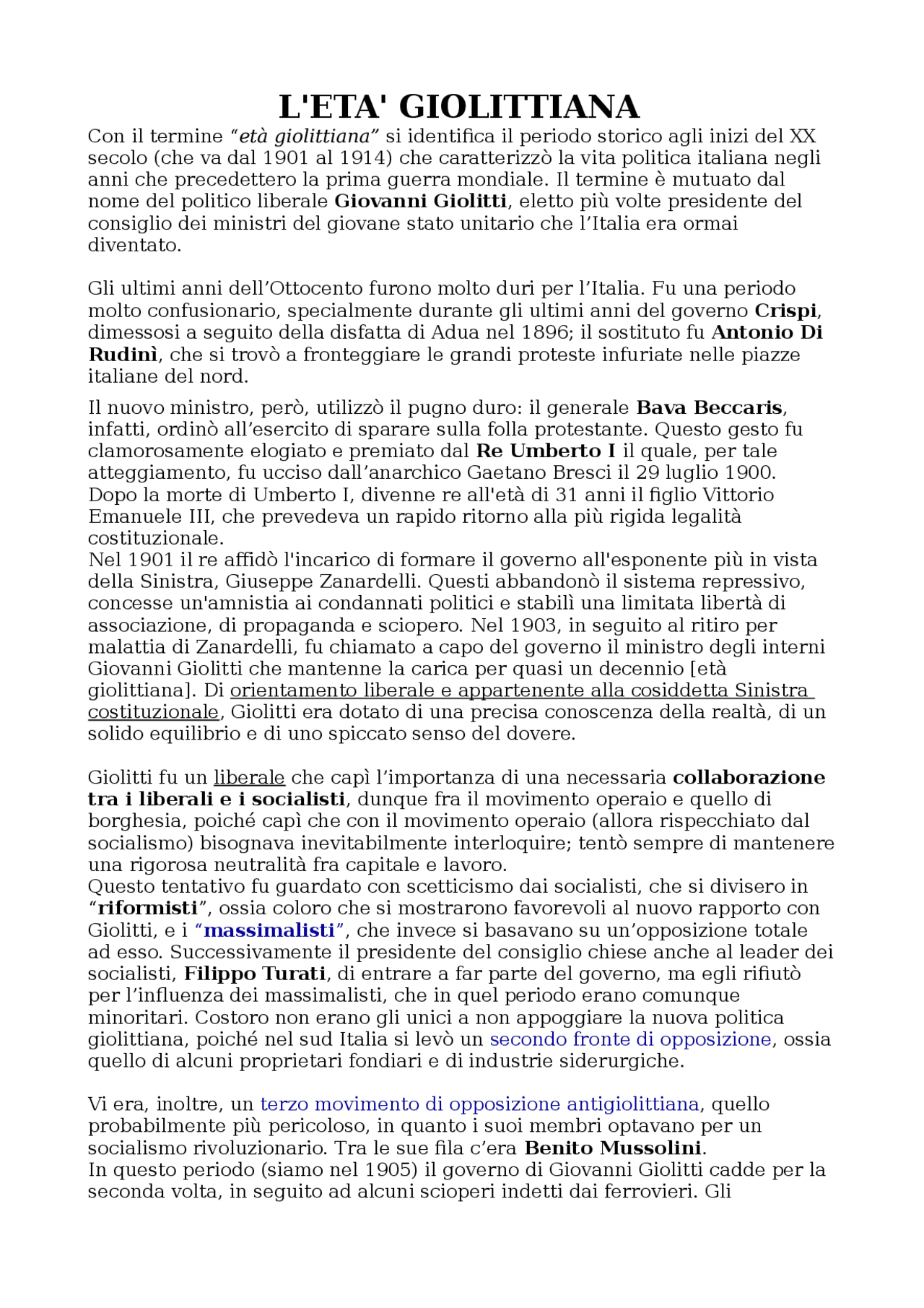 Riassunto Età Giolittiana Docsity