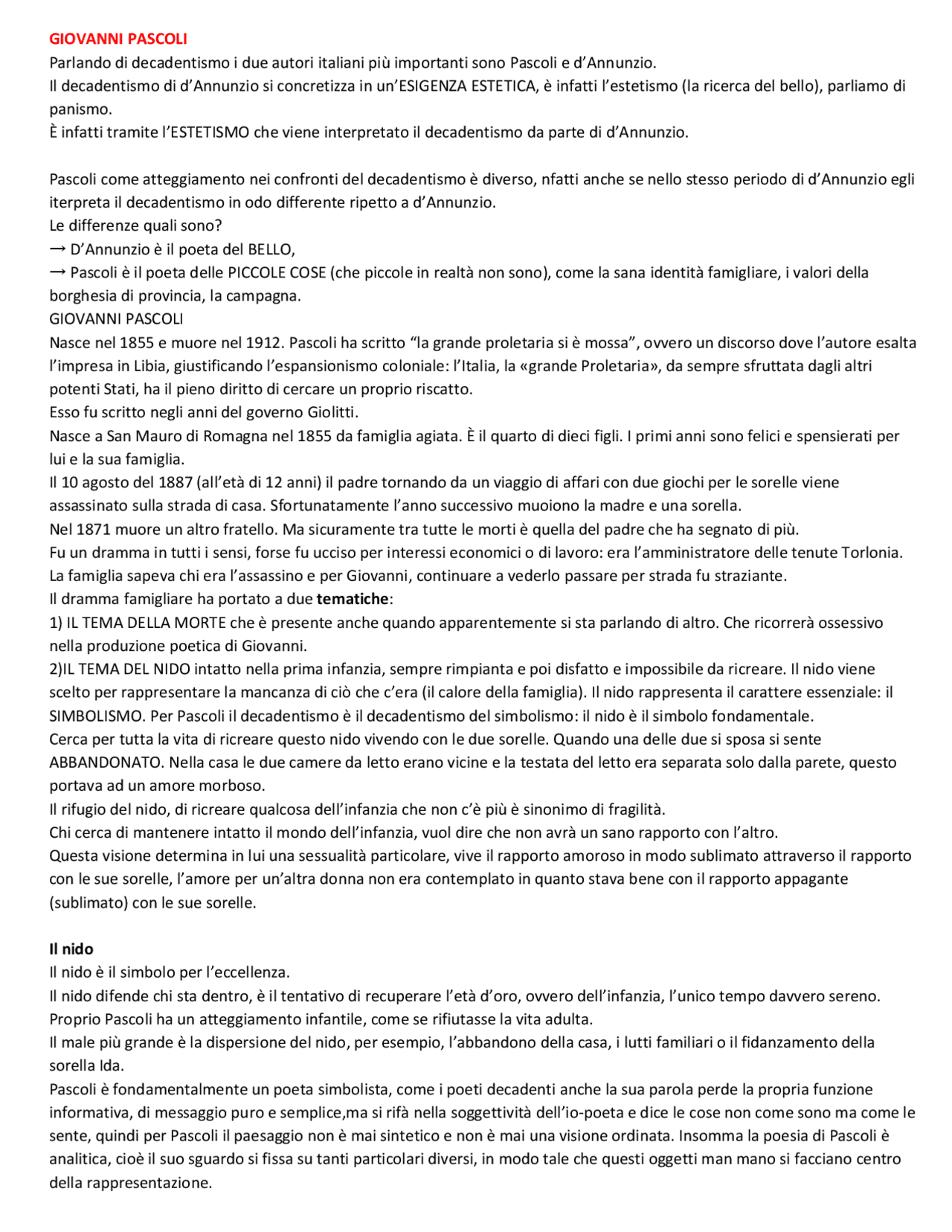 Giovanni Pascoli e il suo pensiero - Docsity