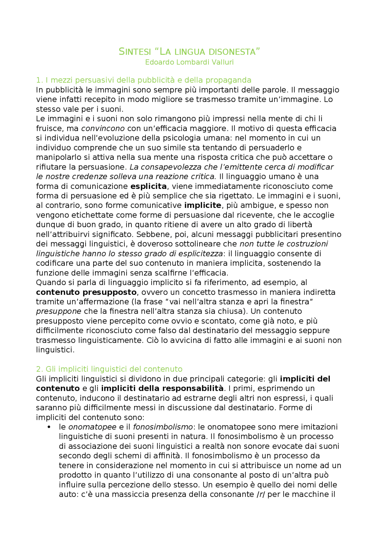 Sintesi "La lingua disonesta - E. Lombardi Valluri" - Docsity