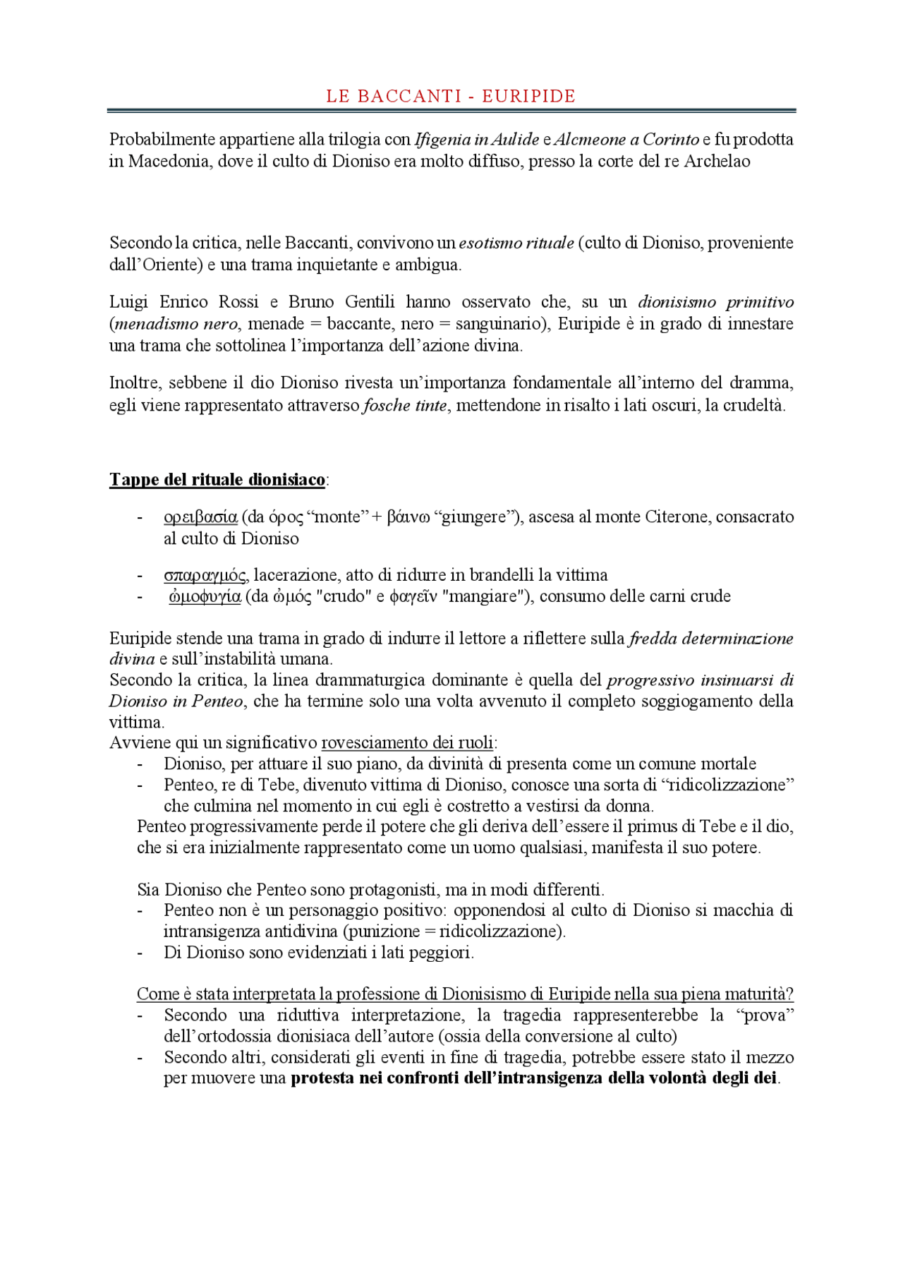 Le Baccanti di Euripide - Docsity