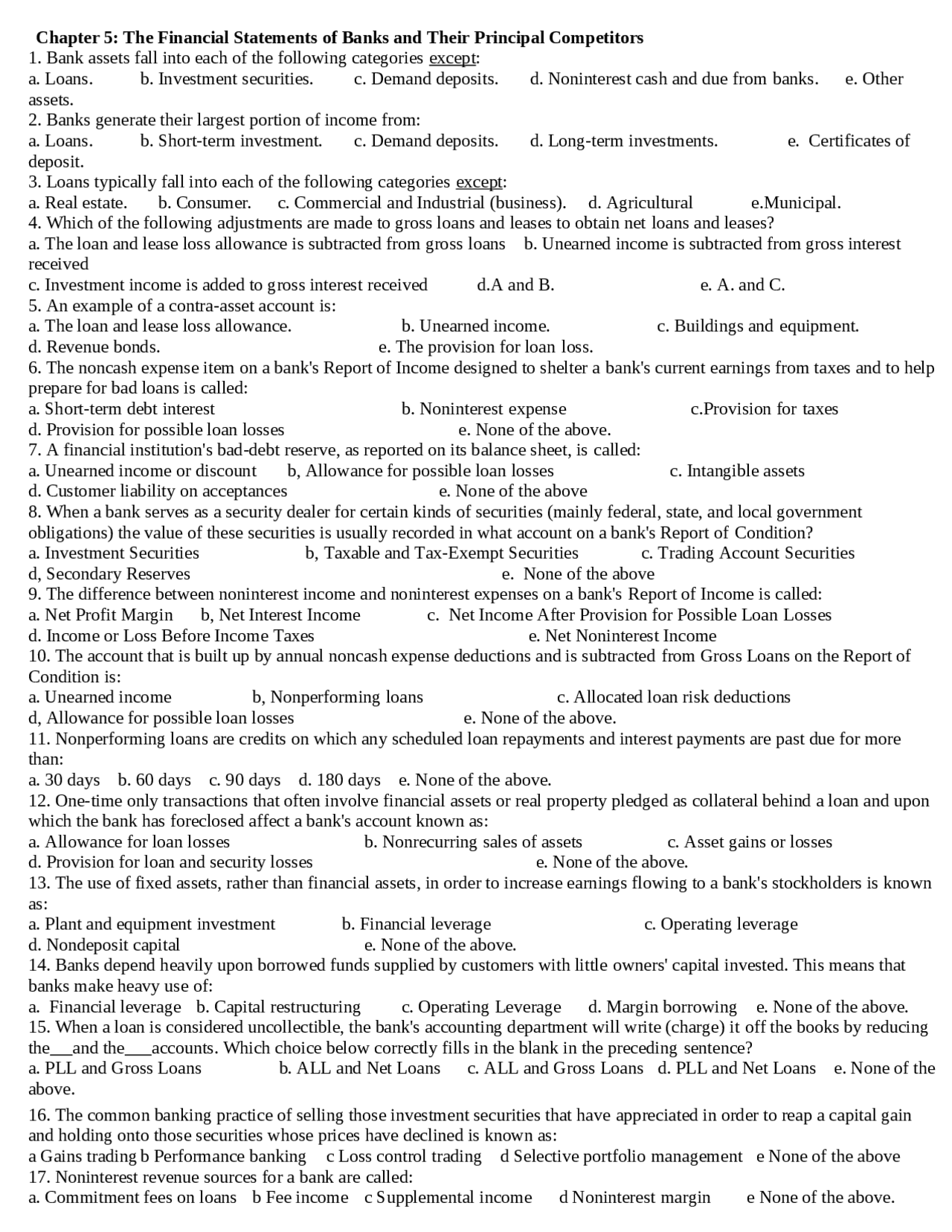 Bank management multiple choice | Exercises Banking and Finance | Docsity