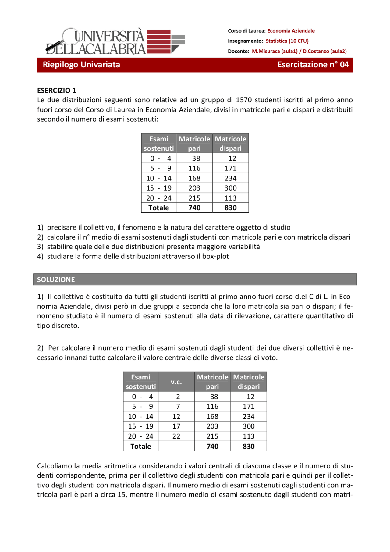 Statistica Esercizi N4 Docsity