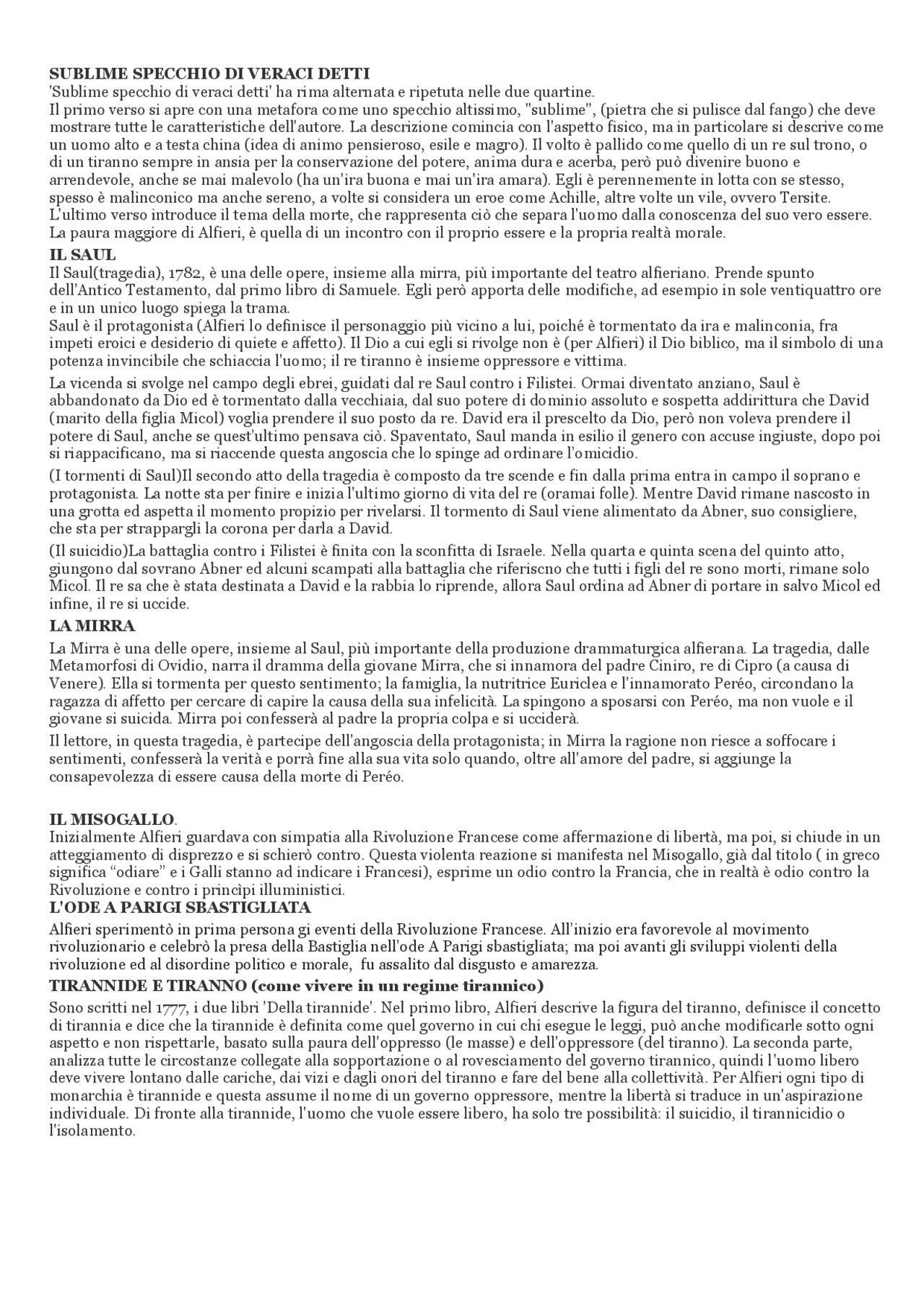 Appunti Su Alfieri Vita E Opere Docsity