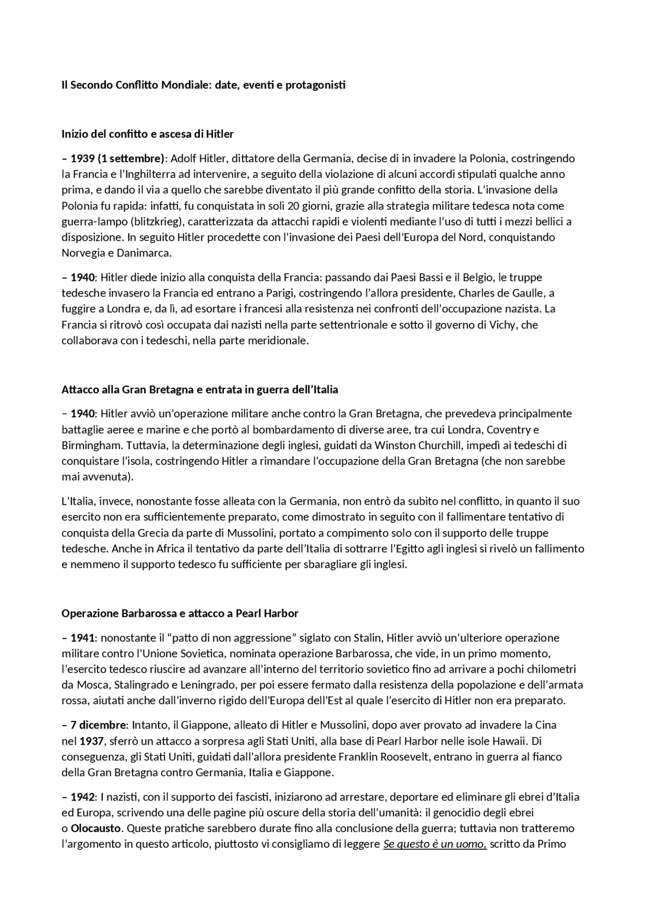 Il Secondo Conflitto Mondiale Docsity
