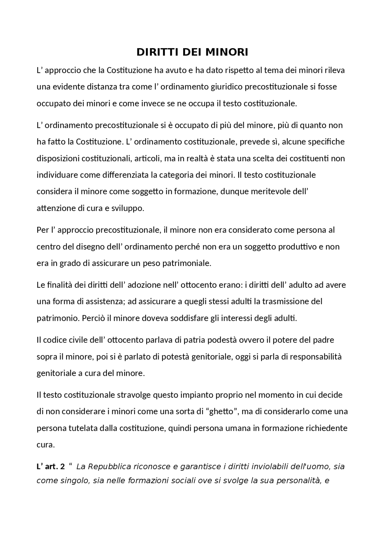 Diritti Articoli Che Trattano La Figura Del Minore Docsity