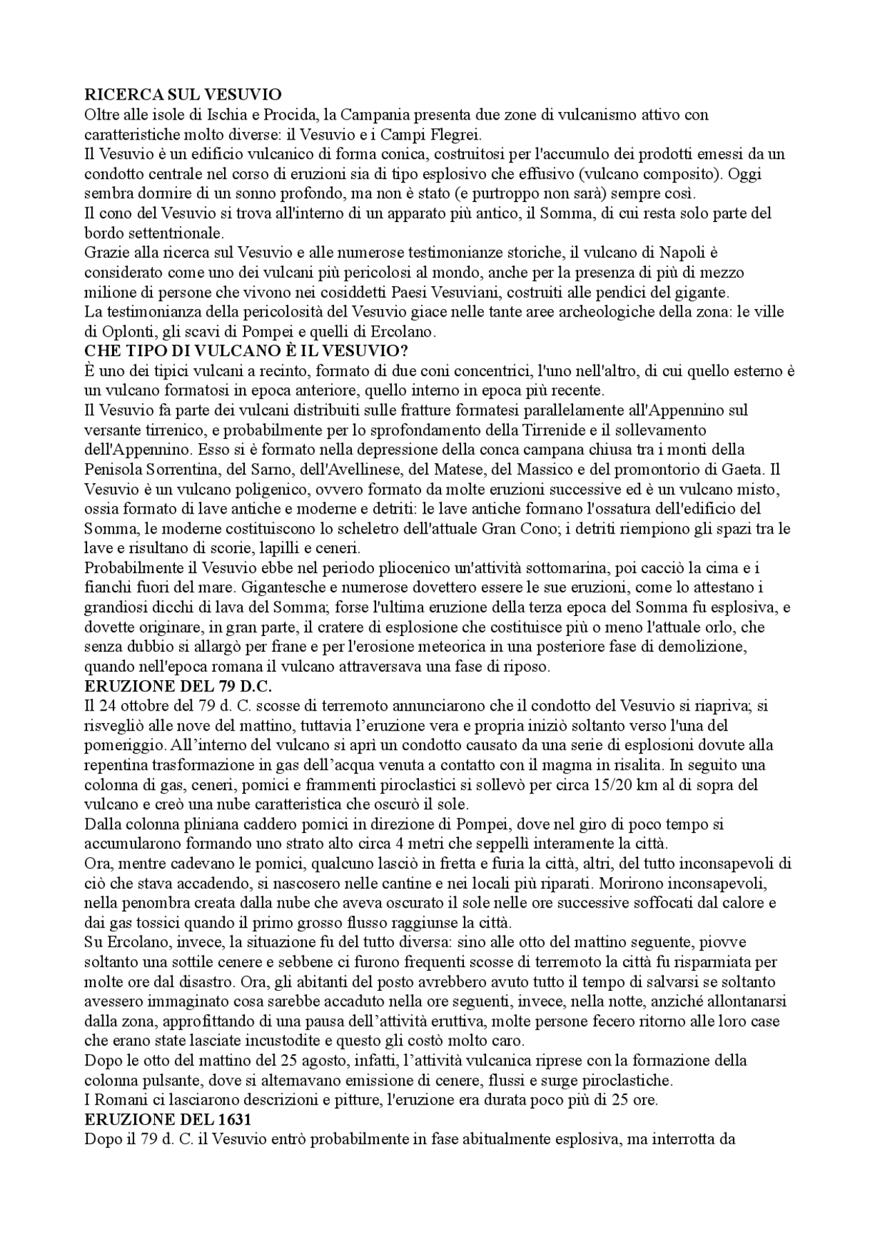 Ricerca Sui Vulcani Vesuvio Docsity