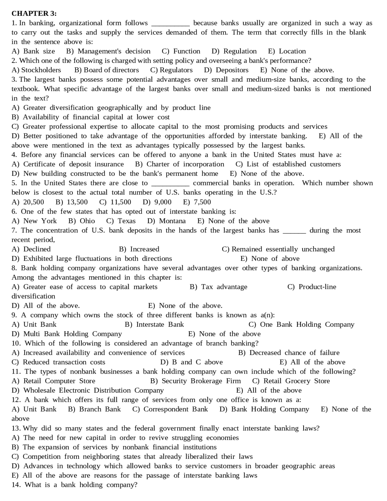 Bank Management Multiple Choice Docsity