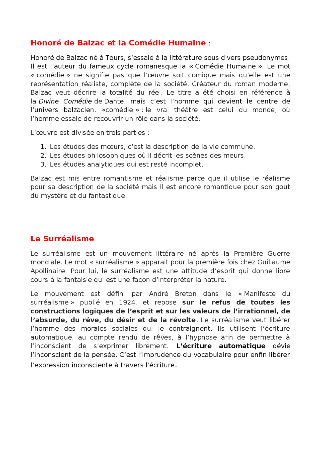 Honoré De Balzac Le Surréalisme Charles Baudelaire Docsity