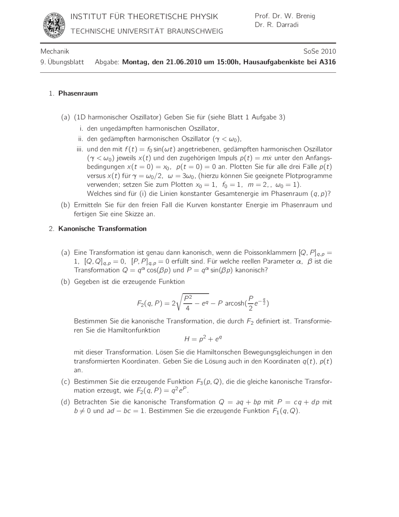 Übung Theoretische Mechanik TU BS:Phasenraum, Kanonische Transformation ...