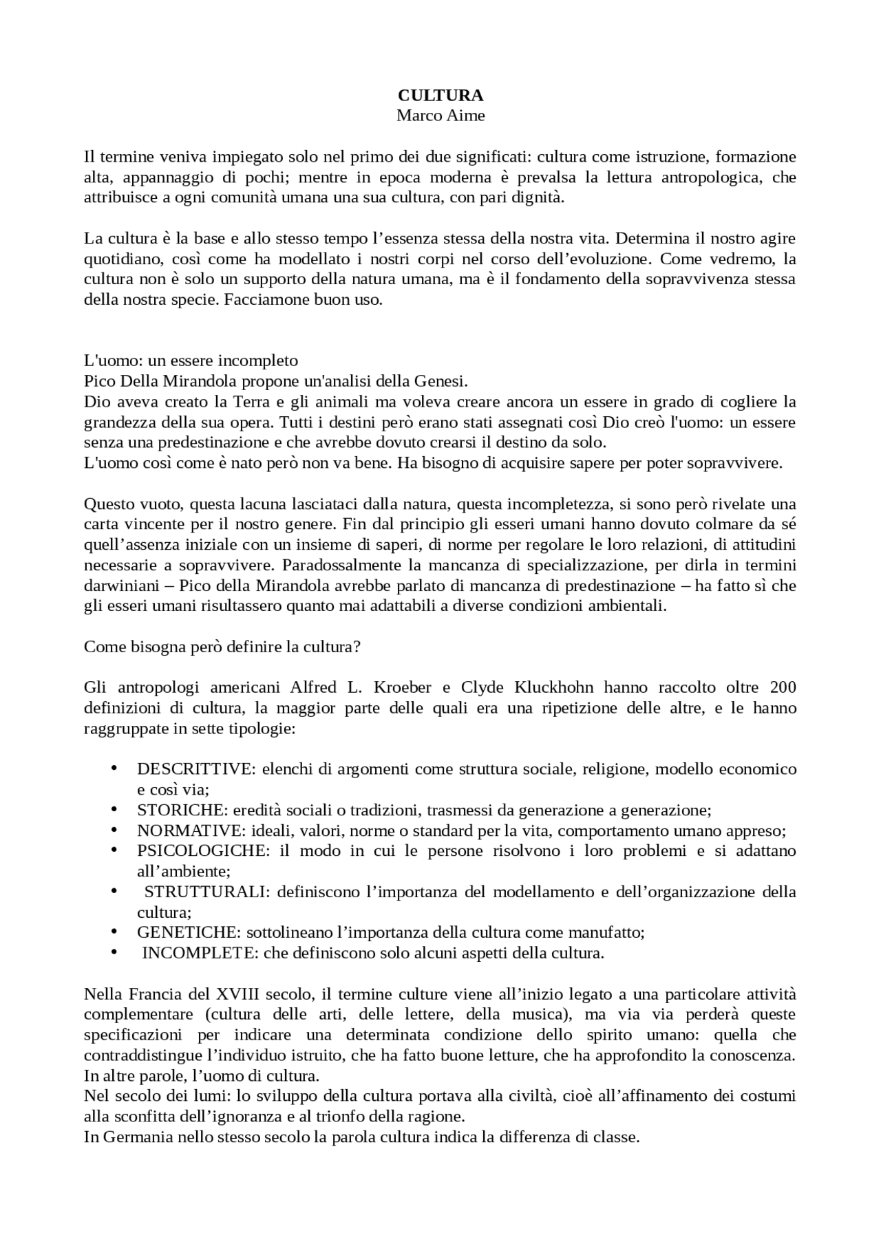 Sintesi Libro Cultura Marco Aime Docsity