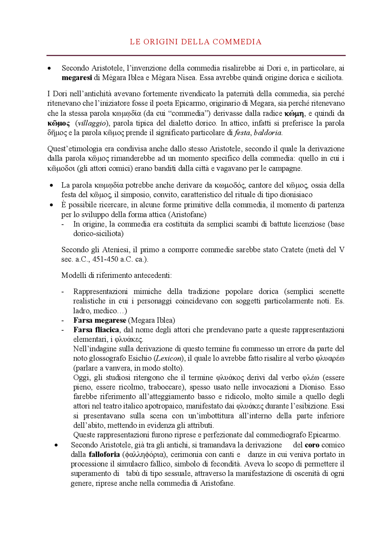 Le Origini Della Commedia Greca Docsity