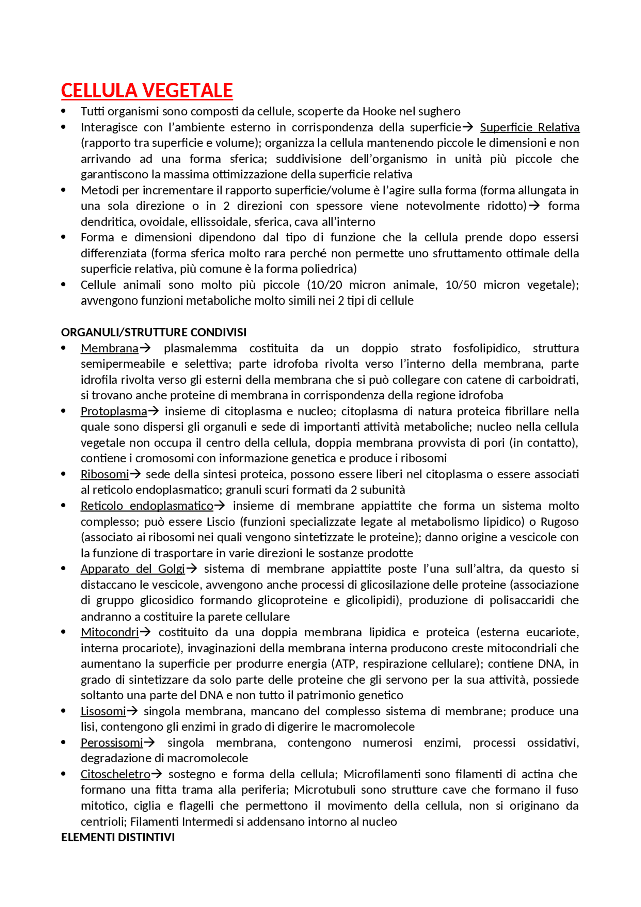 Cellula vegetale e caratteristiche principali - Docsity