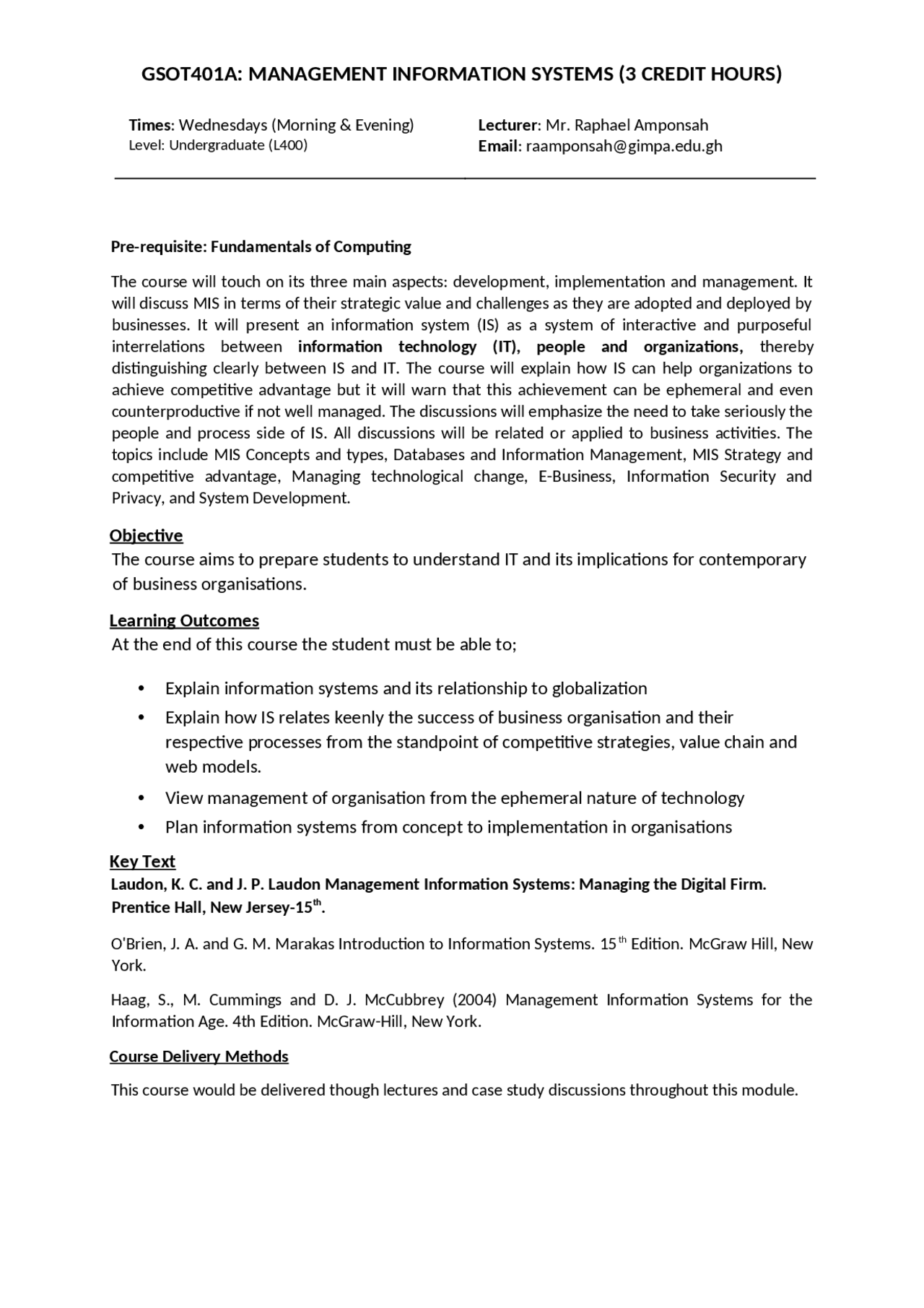 Management Information Systems Course Outline Docsity