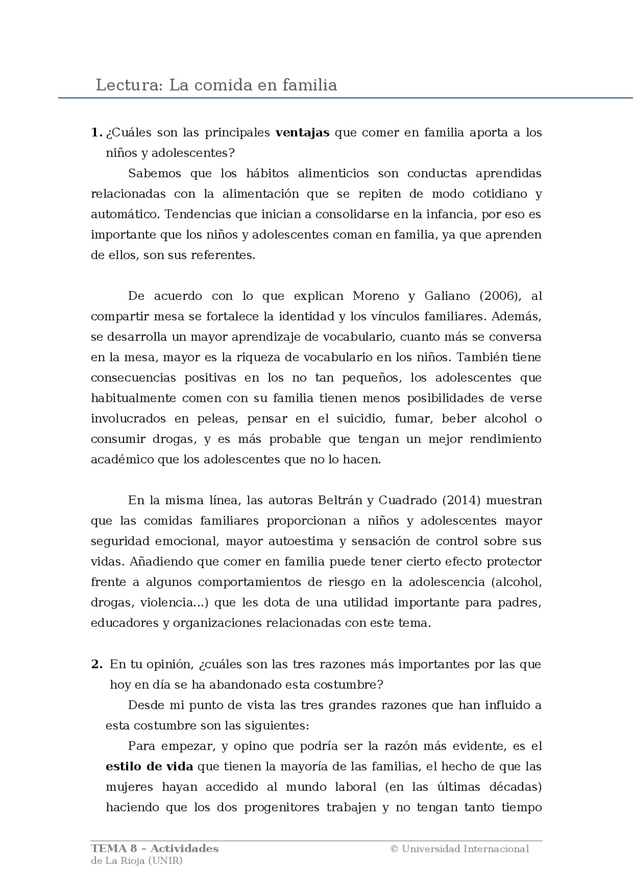 Lectura: la comida en familia. - Docsity