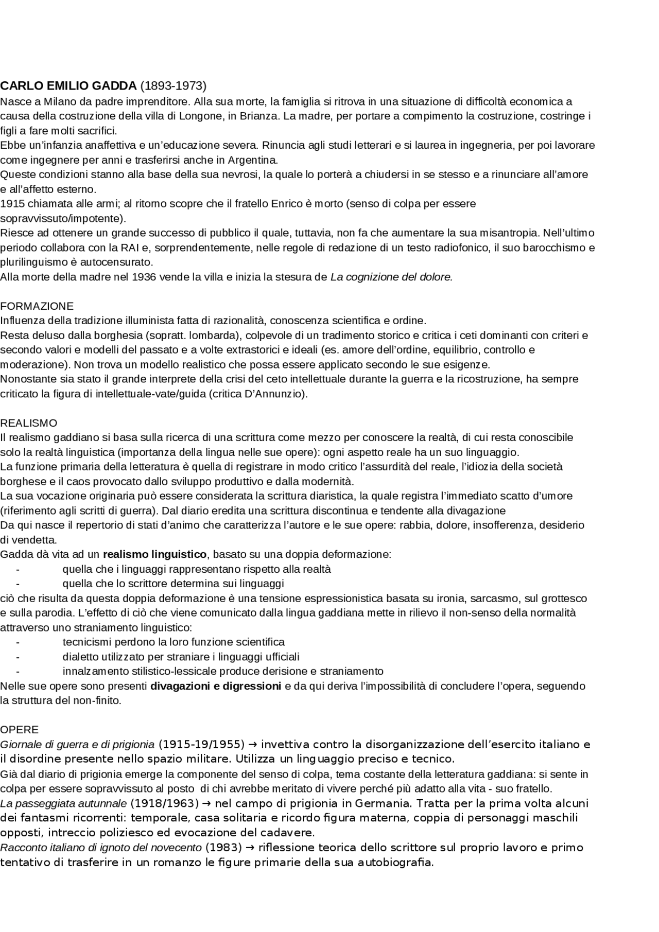 Carlo Emilio Gadda La Cognizione Del Dolore Docsity