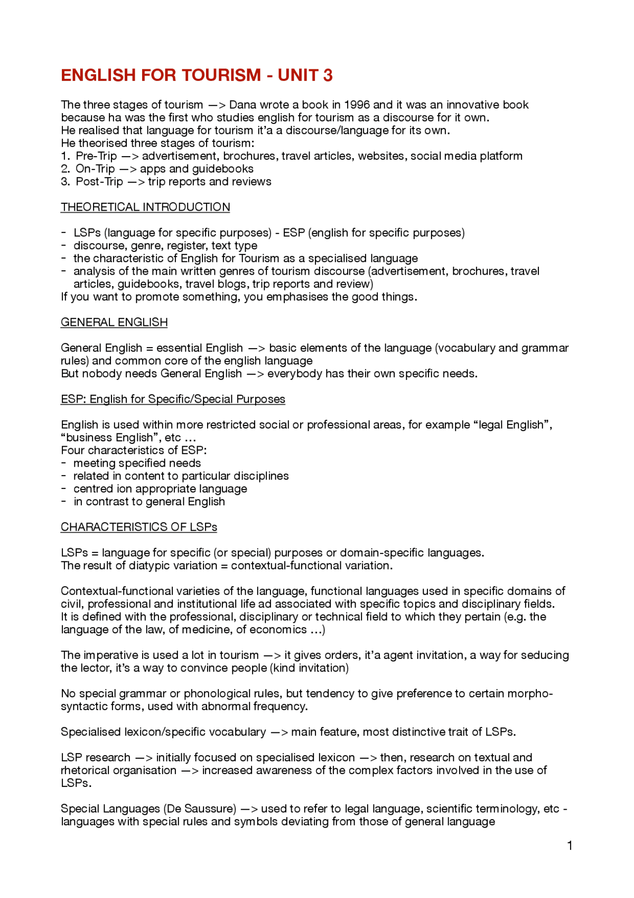 English for tourism inglese I unimi - Docsity